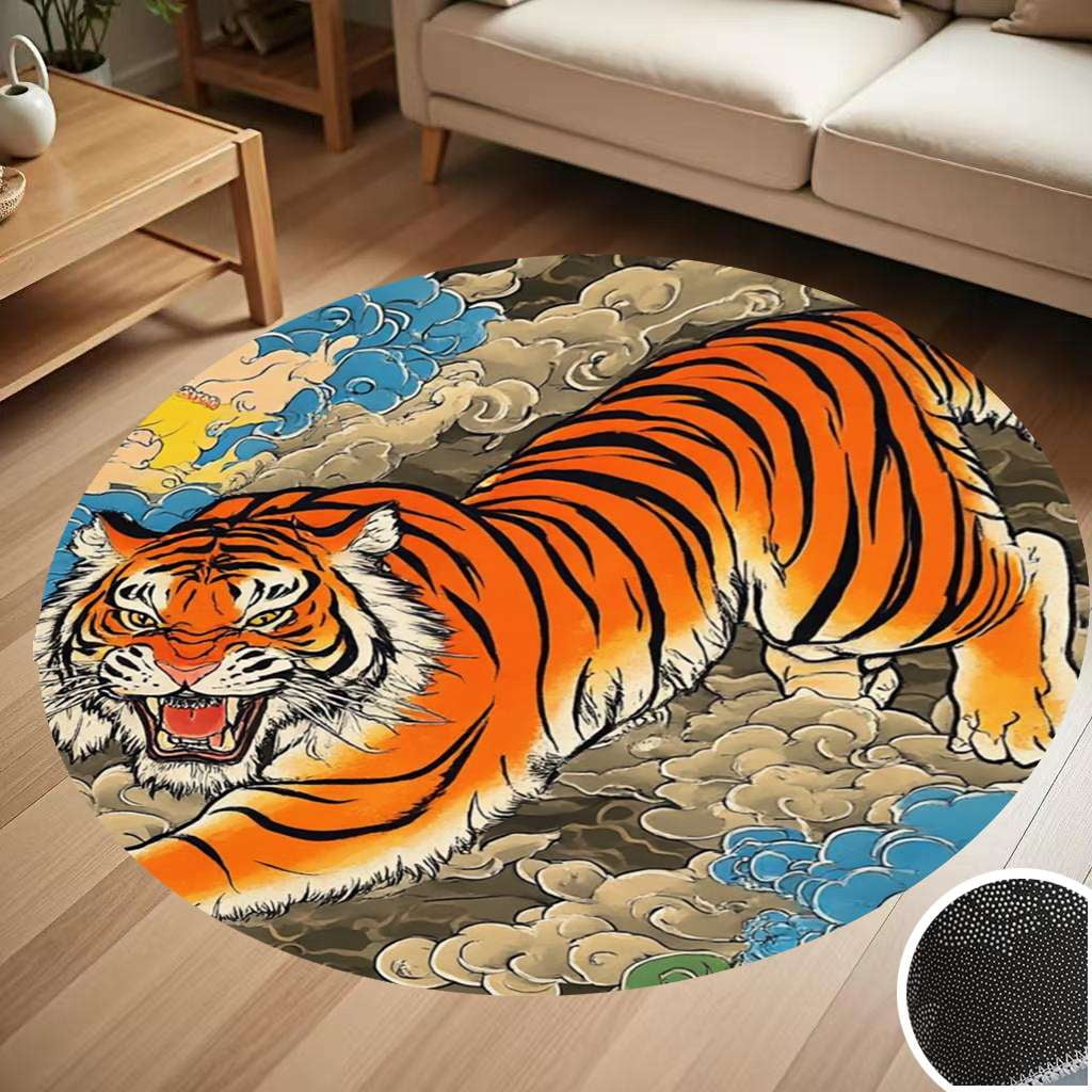 Fierce Tiger Majestic Clouds Flowers Art Round Carpet Living Room ...