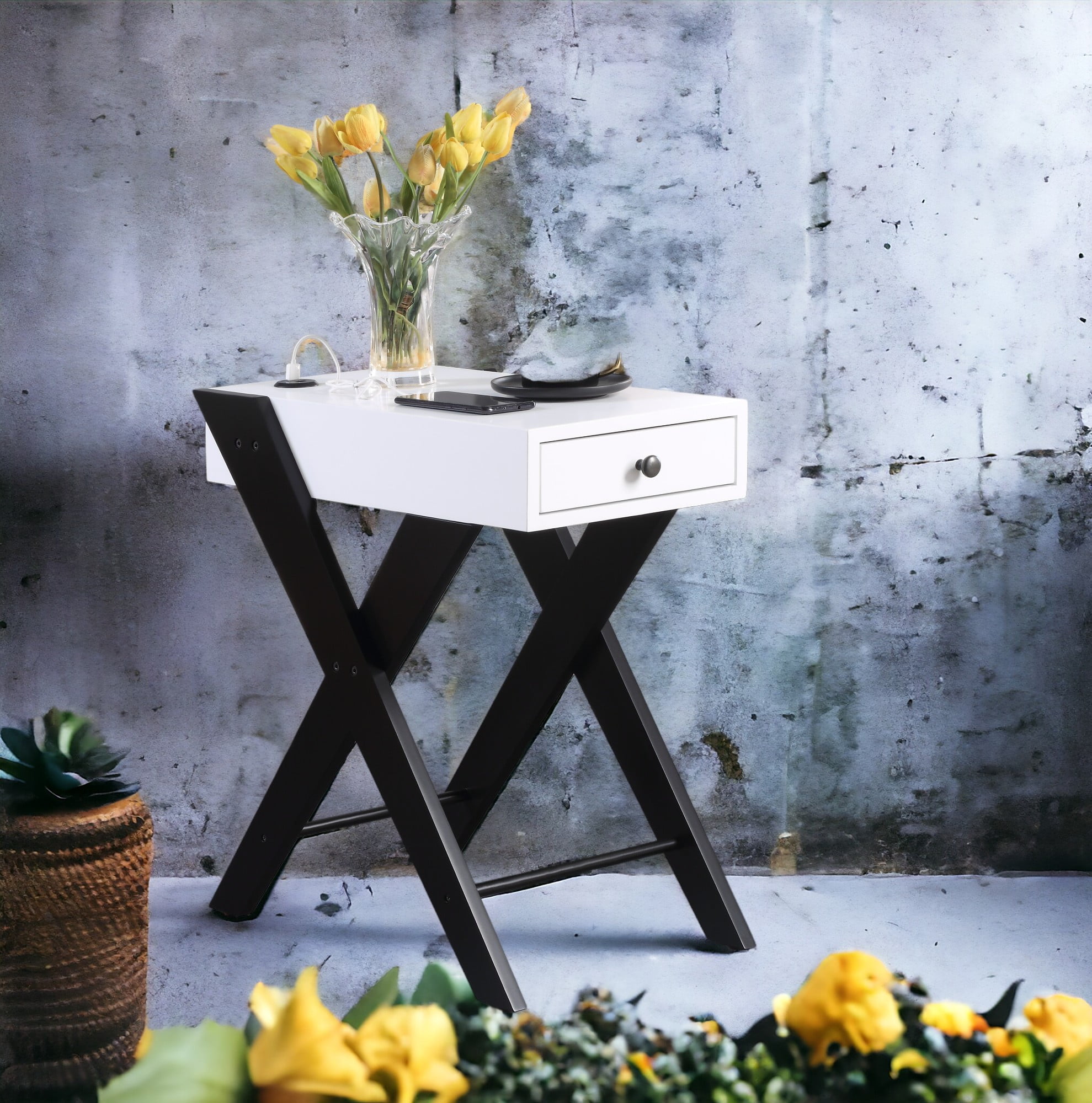 Fierce White and Black Accent Table with Built-In Usb Port,White+Black ...