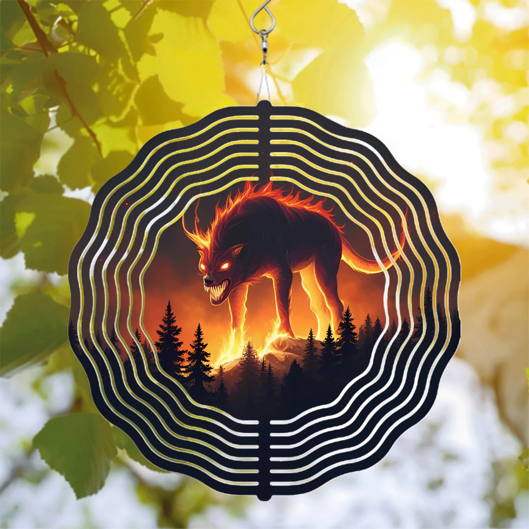 Fierce Wolf Flame Metal Wind Spinner - Unique Garden Decor with Fiery ...