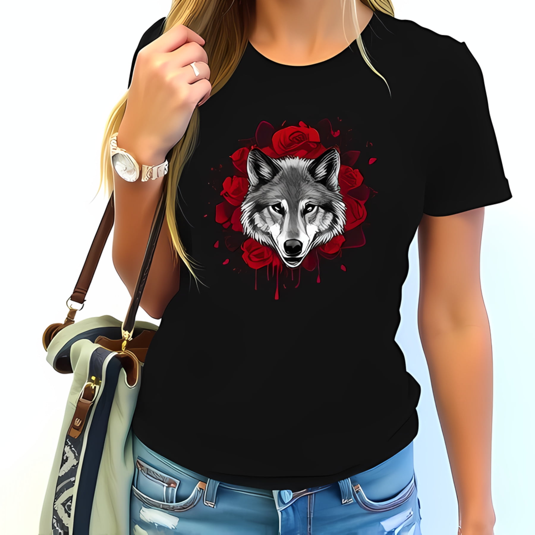 Fierce Wolf Head Graphic Cotton Short Sleeve T-Shirt with Crimson Roses ...