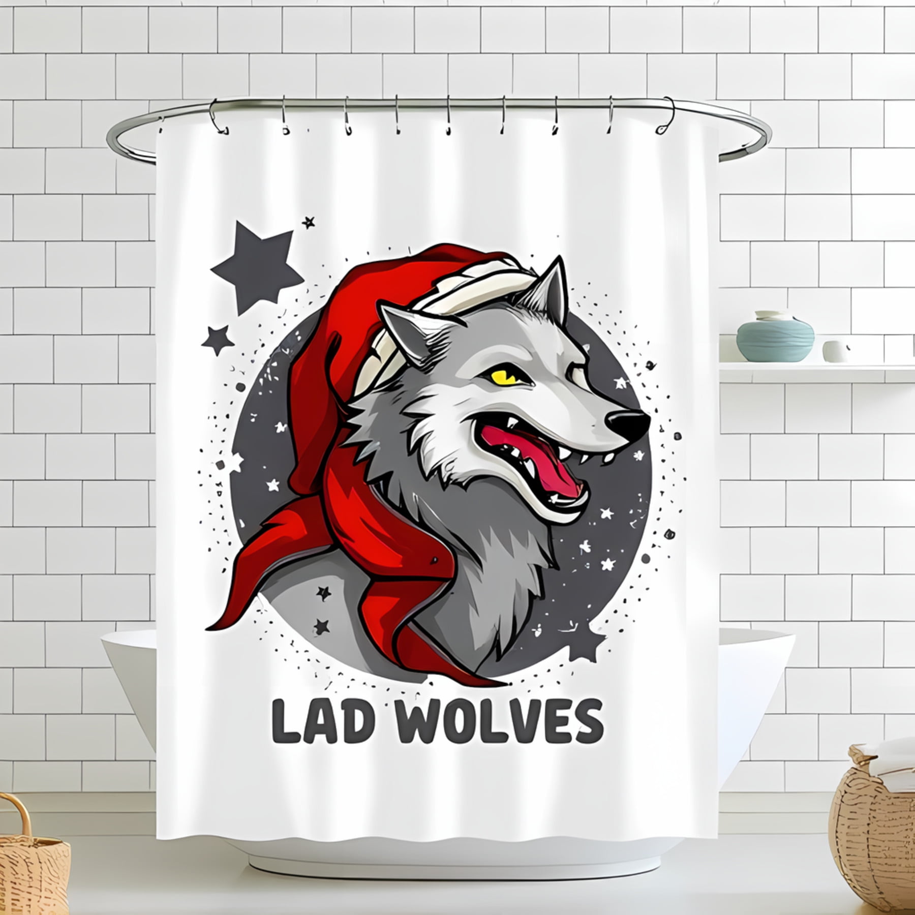 Fierce Yet Playful Wolf in Santa Hat Shower Curtain - Bold Graphic ...