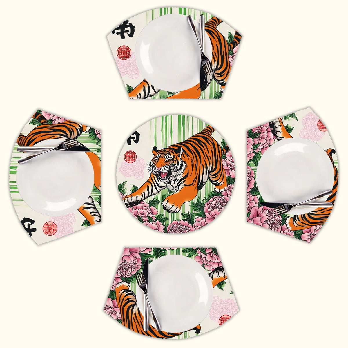 Fierce tiger among peonies roars Round Table Placemats Set Of 5 Wedge ...