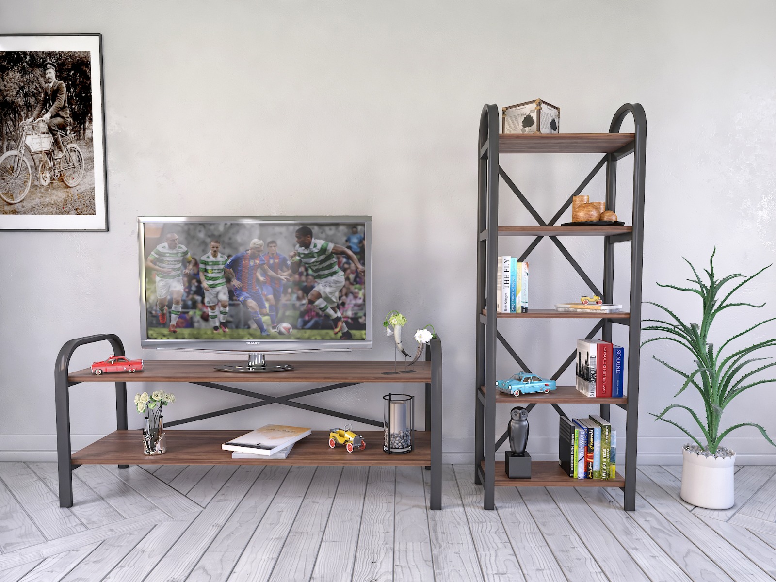 Fiero Modern Metal Frame Tv Stand, Wood base with Shelf Tv unit, Walnut ...