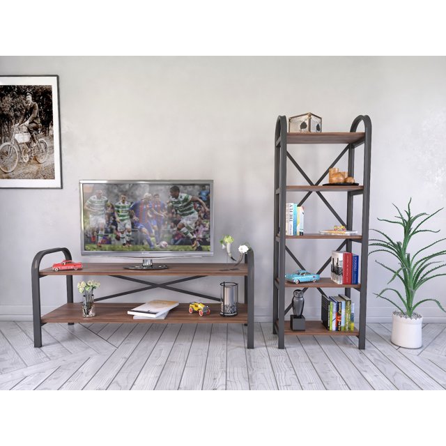 Fiero Modern Metal Frame Tv Stand, Wood base with Shelf Tv unit, Walnut ...