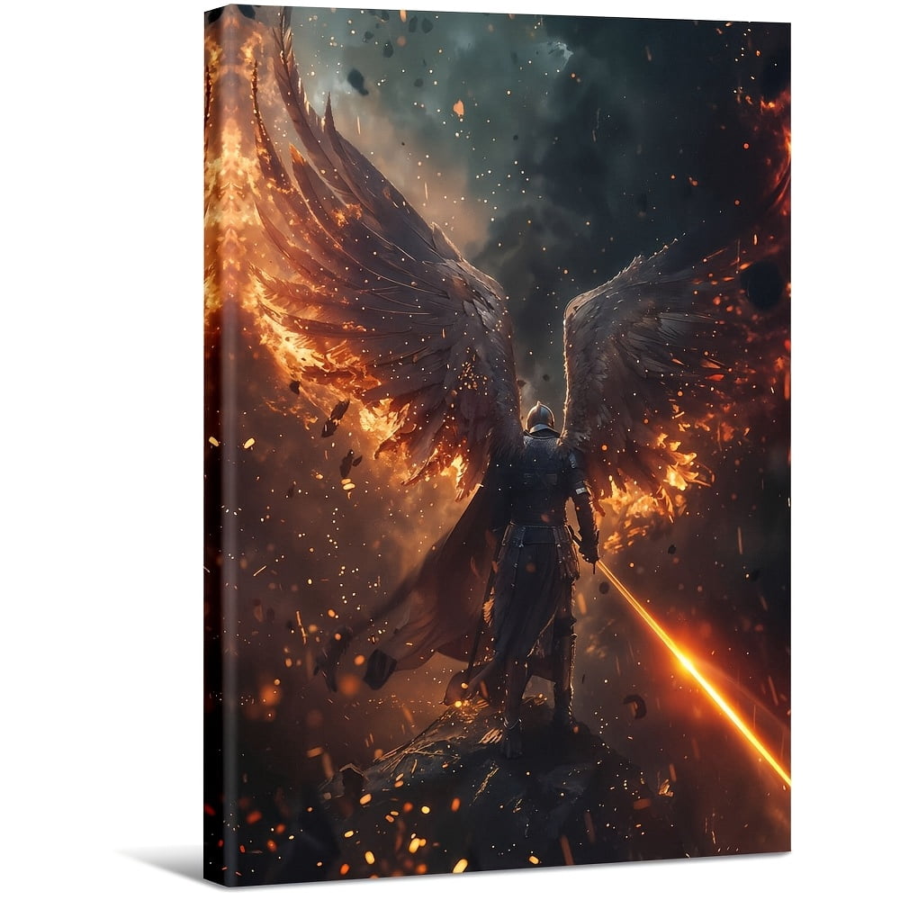 Fiery Angelic Figure With Wings Large Wooden Framed Wall Art Home Decor ...