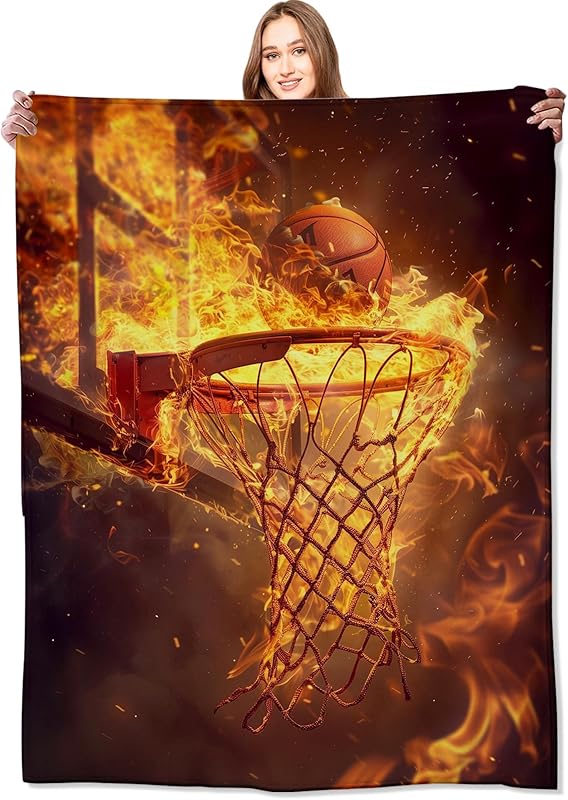 Fiery Basketball Blanket Dynamic Ball Hoop in Flames Throw Blankets ...