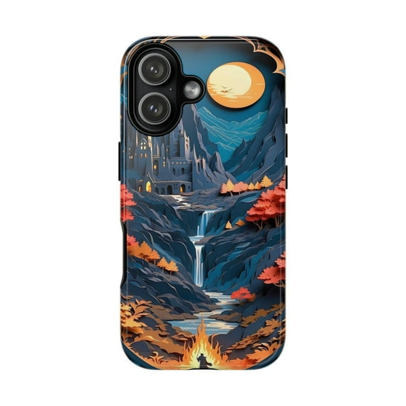 Fiery Castle Fantasy Phone Case Moonlit Waterfall Scene Art iPhone 17 ...