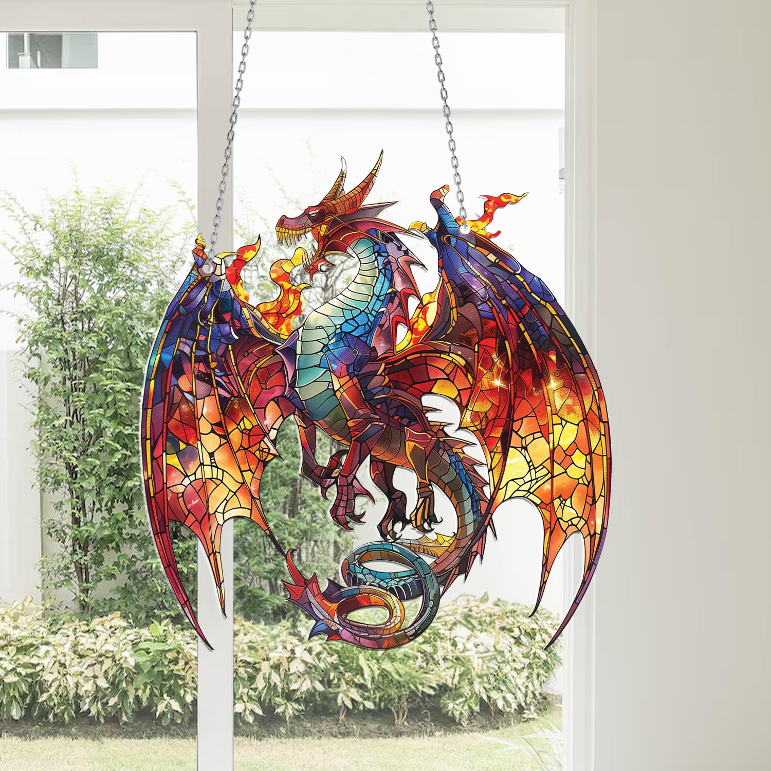 Fiery Dragon Acrylic Window Hanging - 2D Stained Glass Style with ...