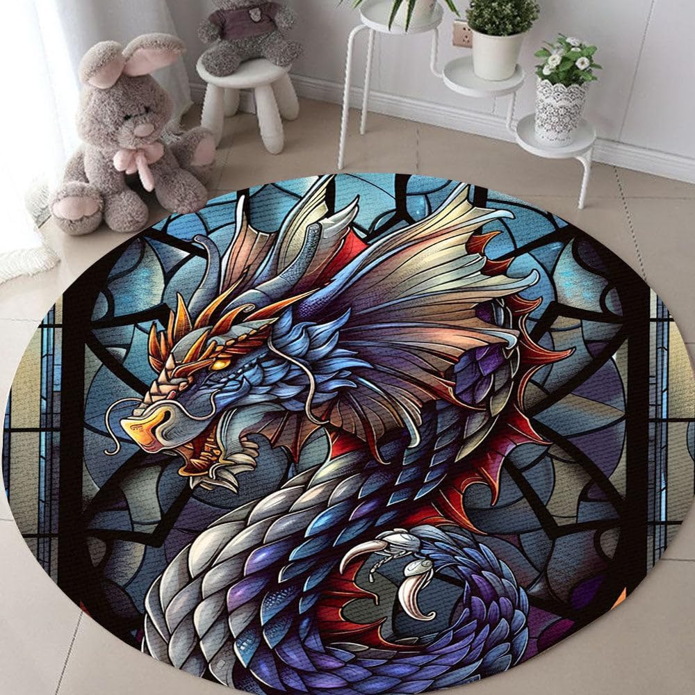 Fiery Dragon Round Area Rug, fantasy gaming circle carpet for bedroom ...