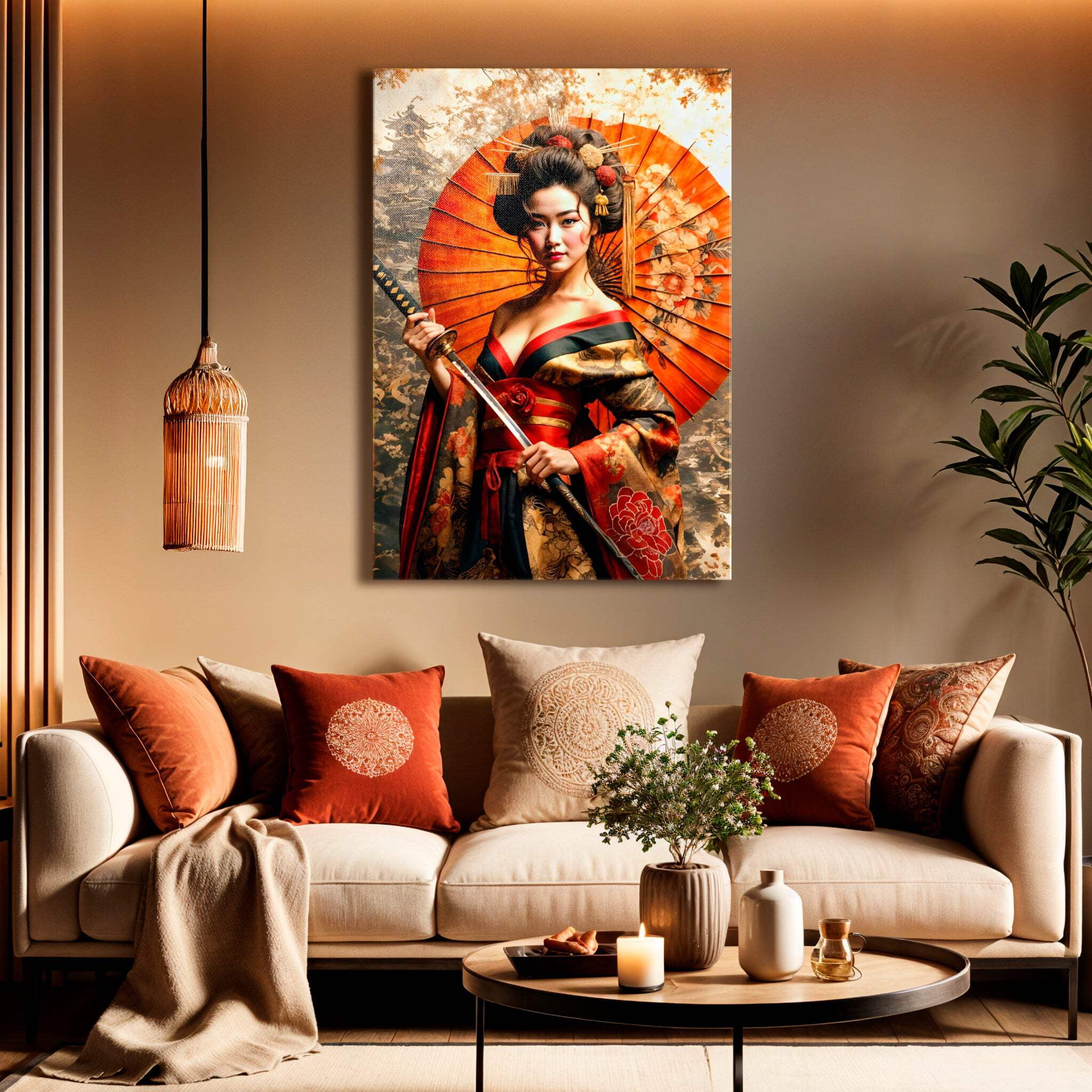 Fiery Guardian Geisha Katana & Vibrant Umbrella Canvas Art - Bold ...