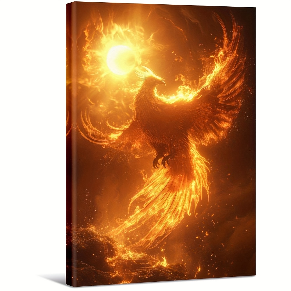 Fiery Phoenix Flying Over Water At Night Large Wooden Framed Wall Art ...