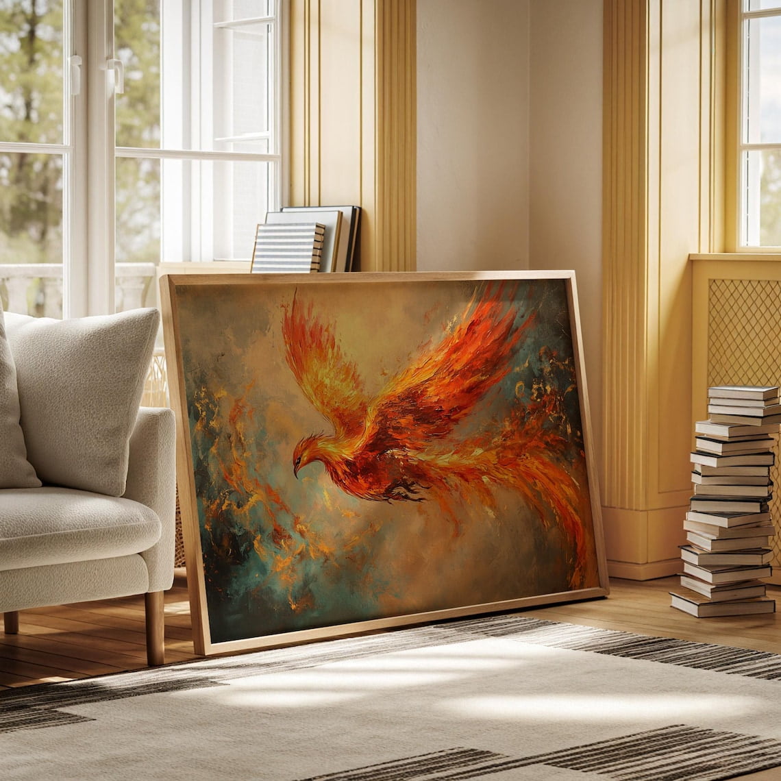 Fiery Phoenix Wall Art - Majestic Mythical Bird Painting, Abstract Fire ...