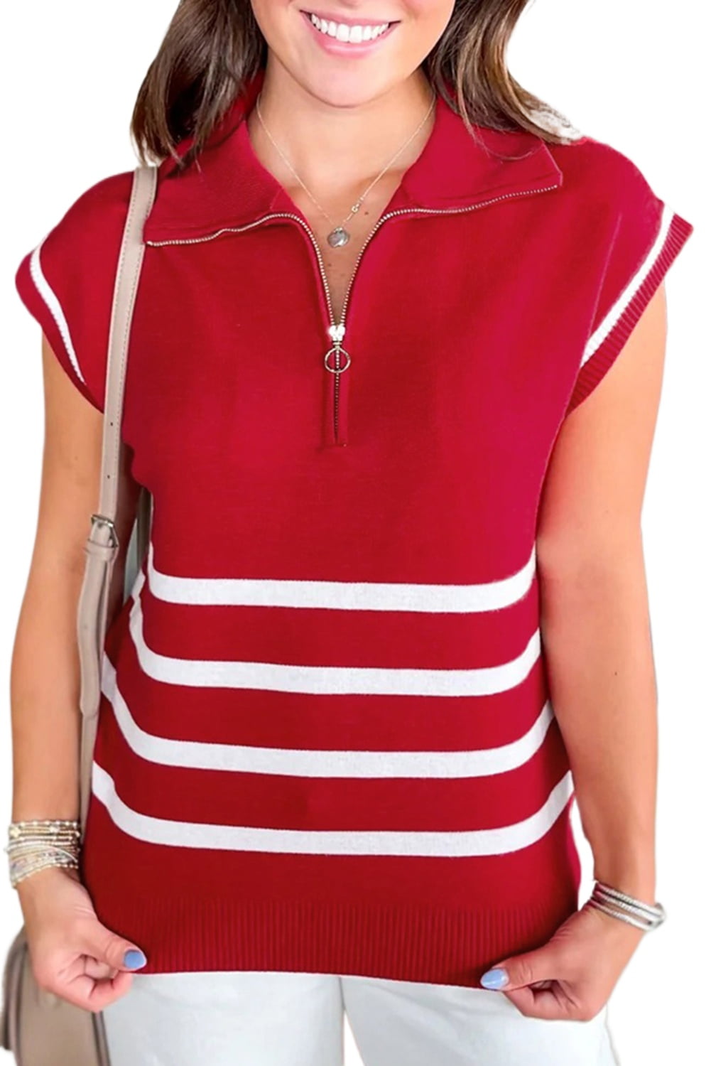 Fiery Red Quarter Zip Sweater with Stripes for Women's Vacation Outfits ...