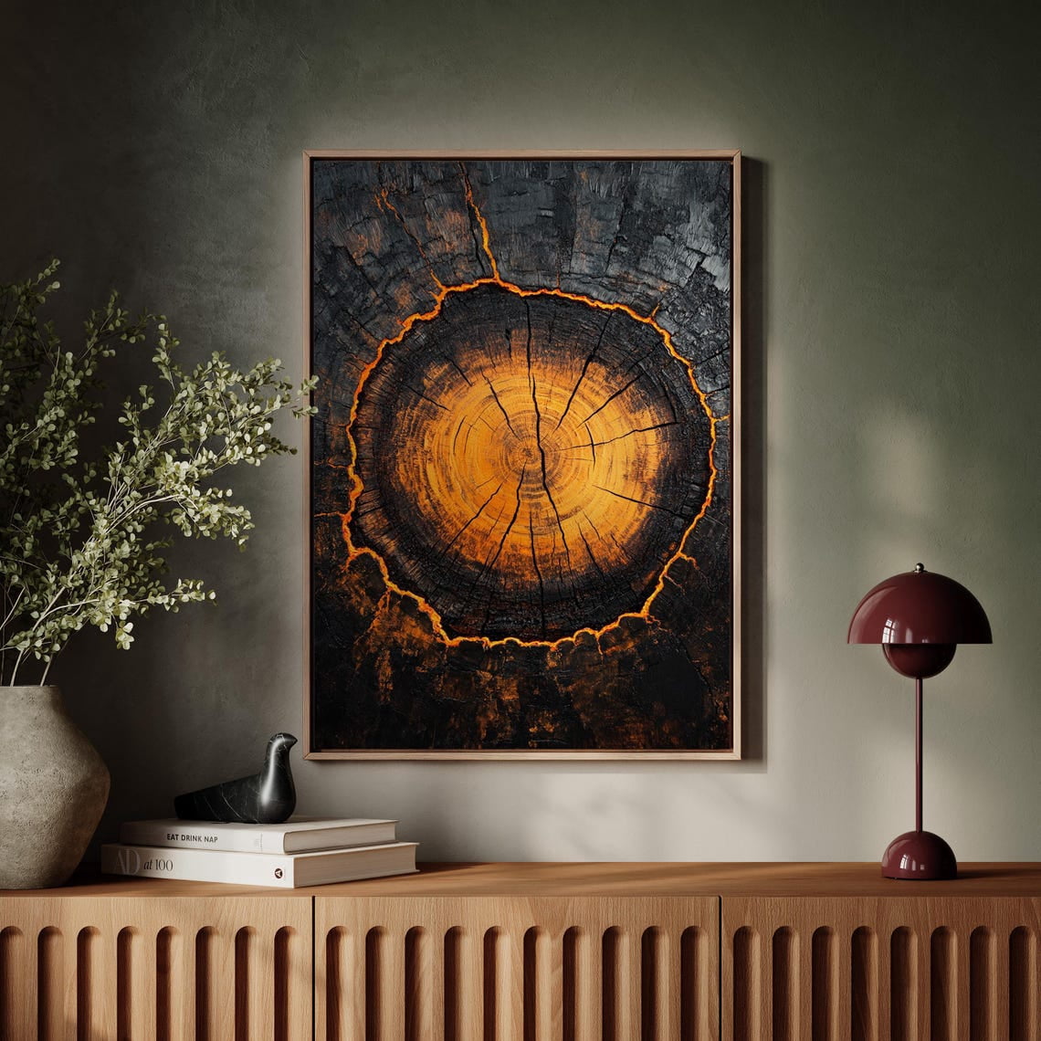Fiery Tree Ring - Bold Textured Wood Grain Print In Deep Charcoal And ...