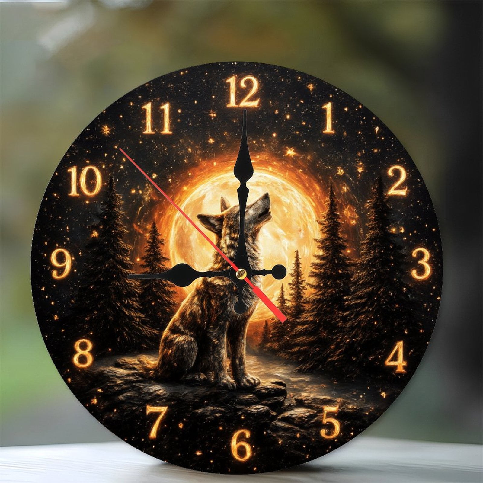 Fiery Wolf Howling at Moon Forest Clock Wall Art Decor 10-Inch Silent ...