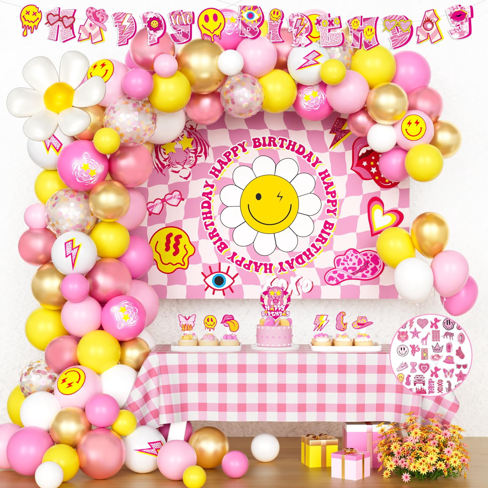 Fiesec Preppy Birthday Decorations - Y2K Smiley Face Party Pack, Pink ...