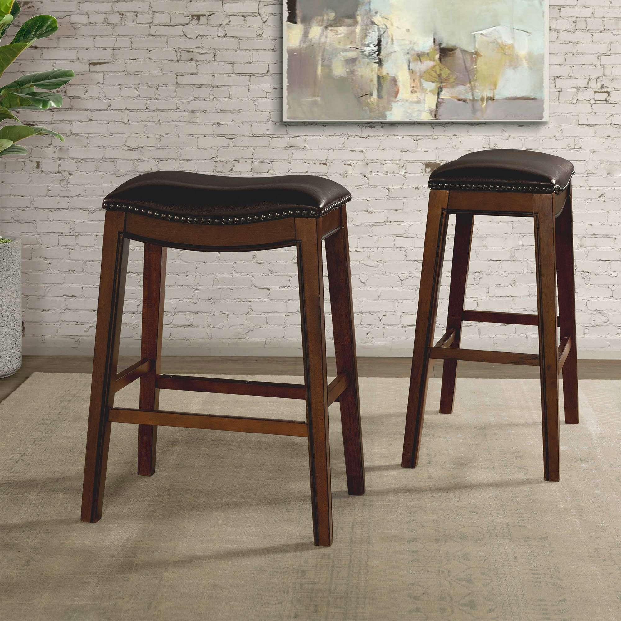 Fiesta 30" Brown Bar Stool - Rustic Faux Leather Seat, Rubberwood Frame ...