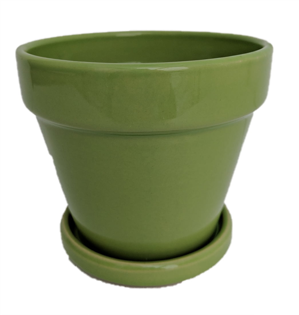 Fiesta Indoor Flower Pot with Attached Saucer - Apple Green Pottery for ...