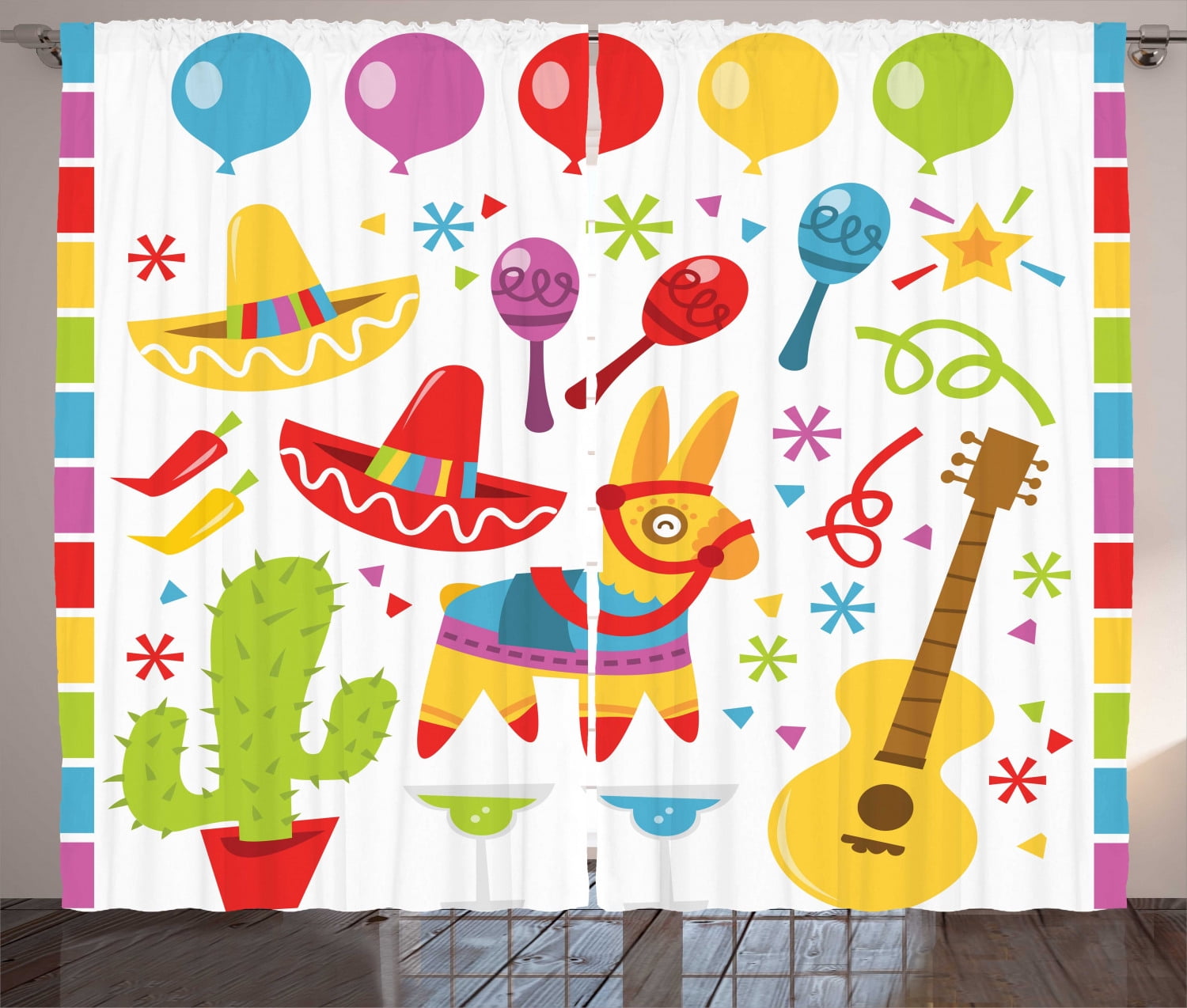 Fiesta Curtains 2 Panels Set, Mexican Party Pattern Cactus Sombrero ...
