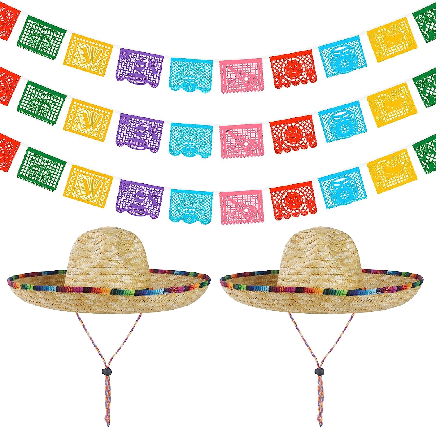 Fiesta Decoration Set, 3 Packs Mexican Banners & 2 Mexican Sombrero ...