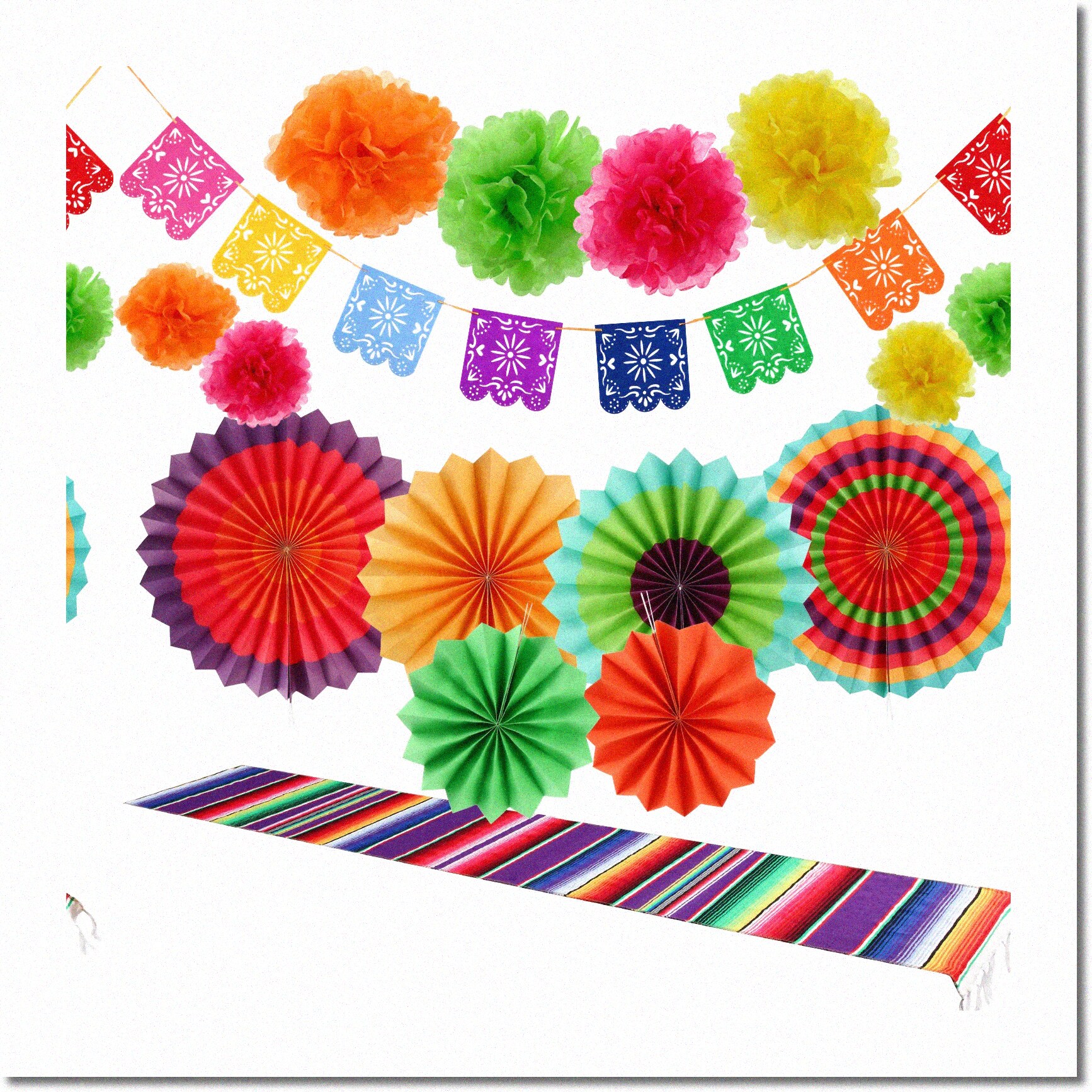 Fiesta Fiesta: 16-Piece Hispanic Heritage Party Pack - Serape Table Runner, Colorful Paper Fans ...