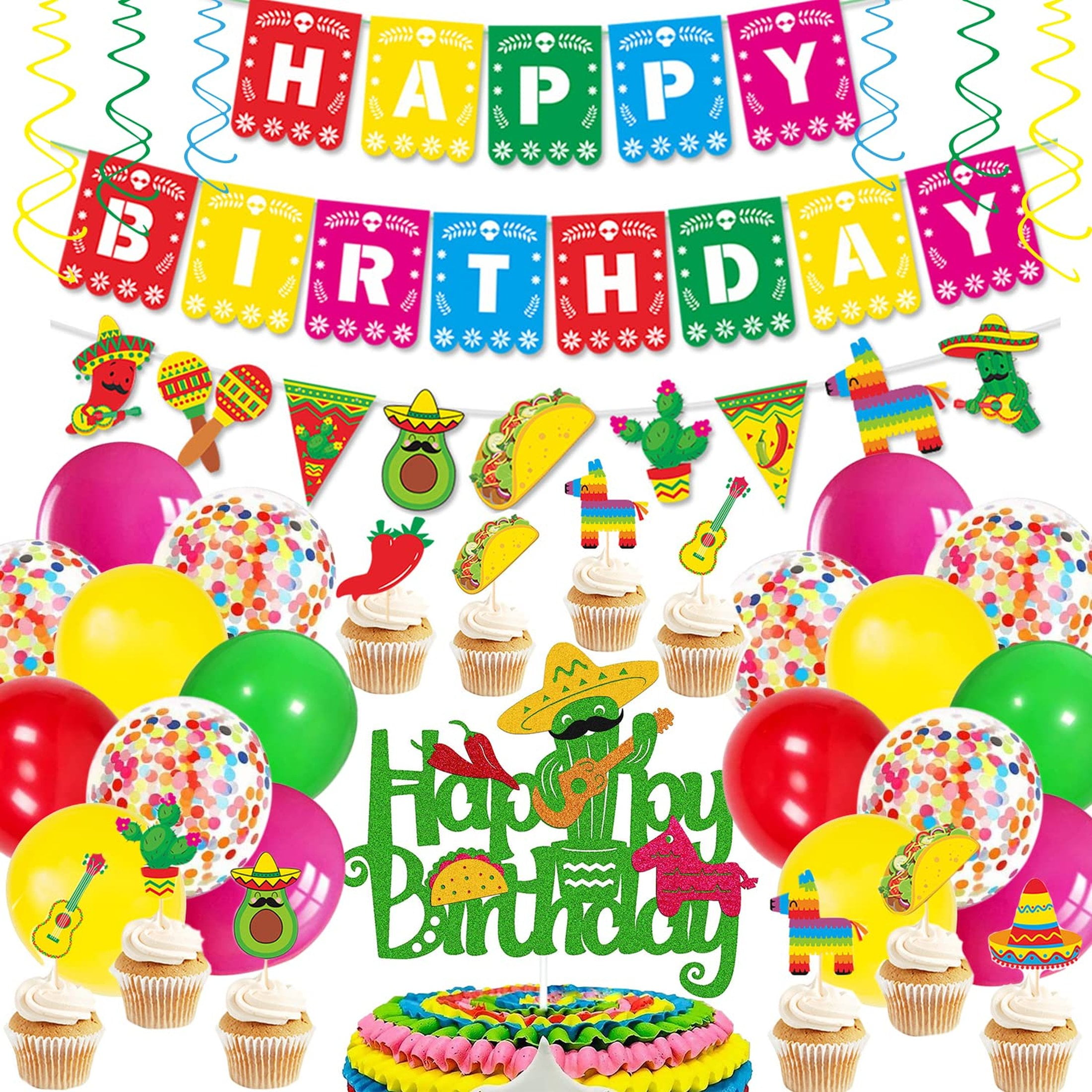 Fiesta Fun Party Pack - Happy Birthday Banner, Cake Toppers, Cactus ...