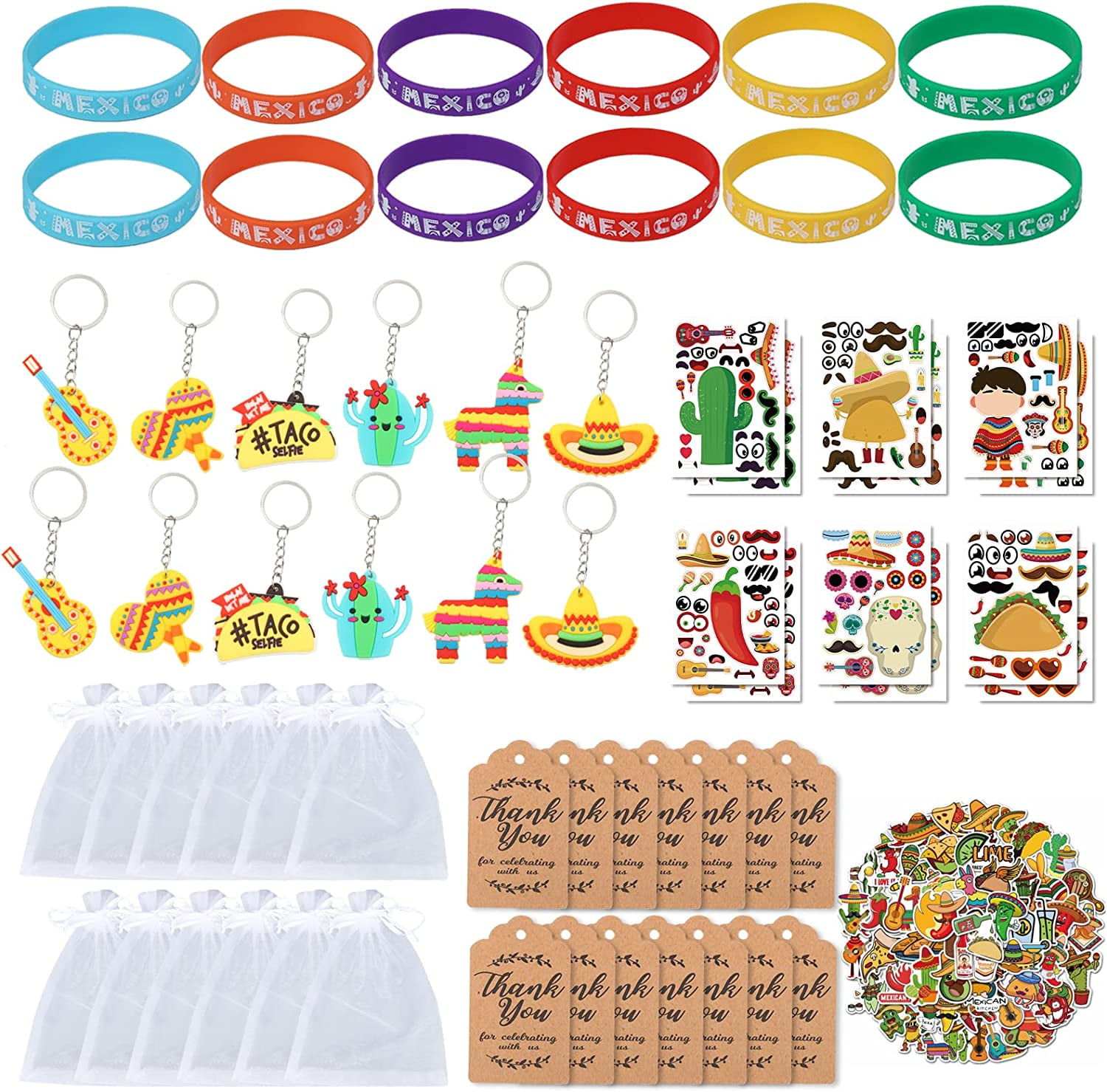 Fiesta Party Favors, Mexican Keychains Silicone Bracelets DIY Stickers ...