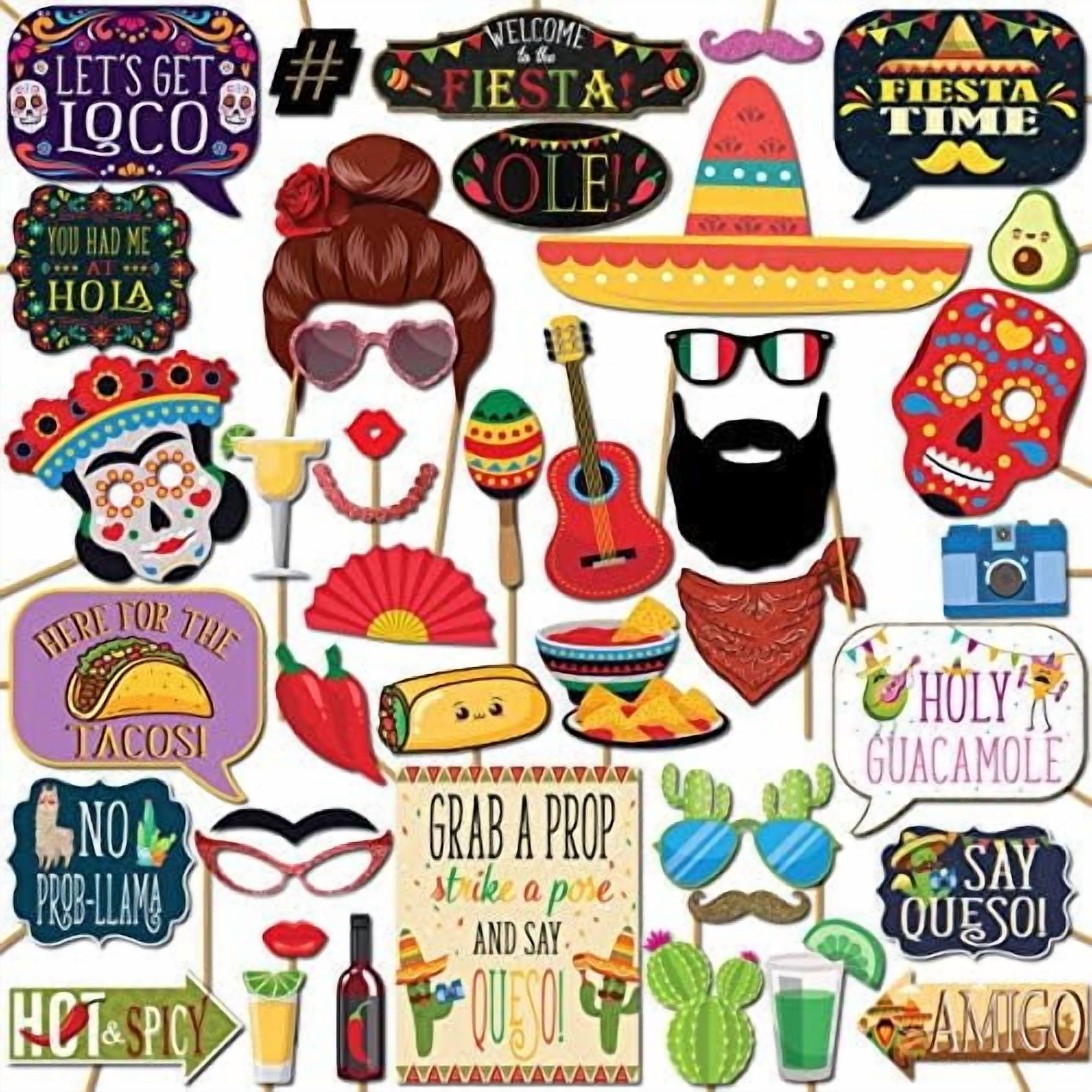 Fiesta Photo Booth Props - 41-pc Photobooth Kit with 8 x 10-Inch Sign ...