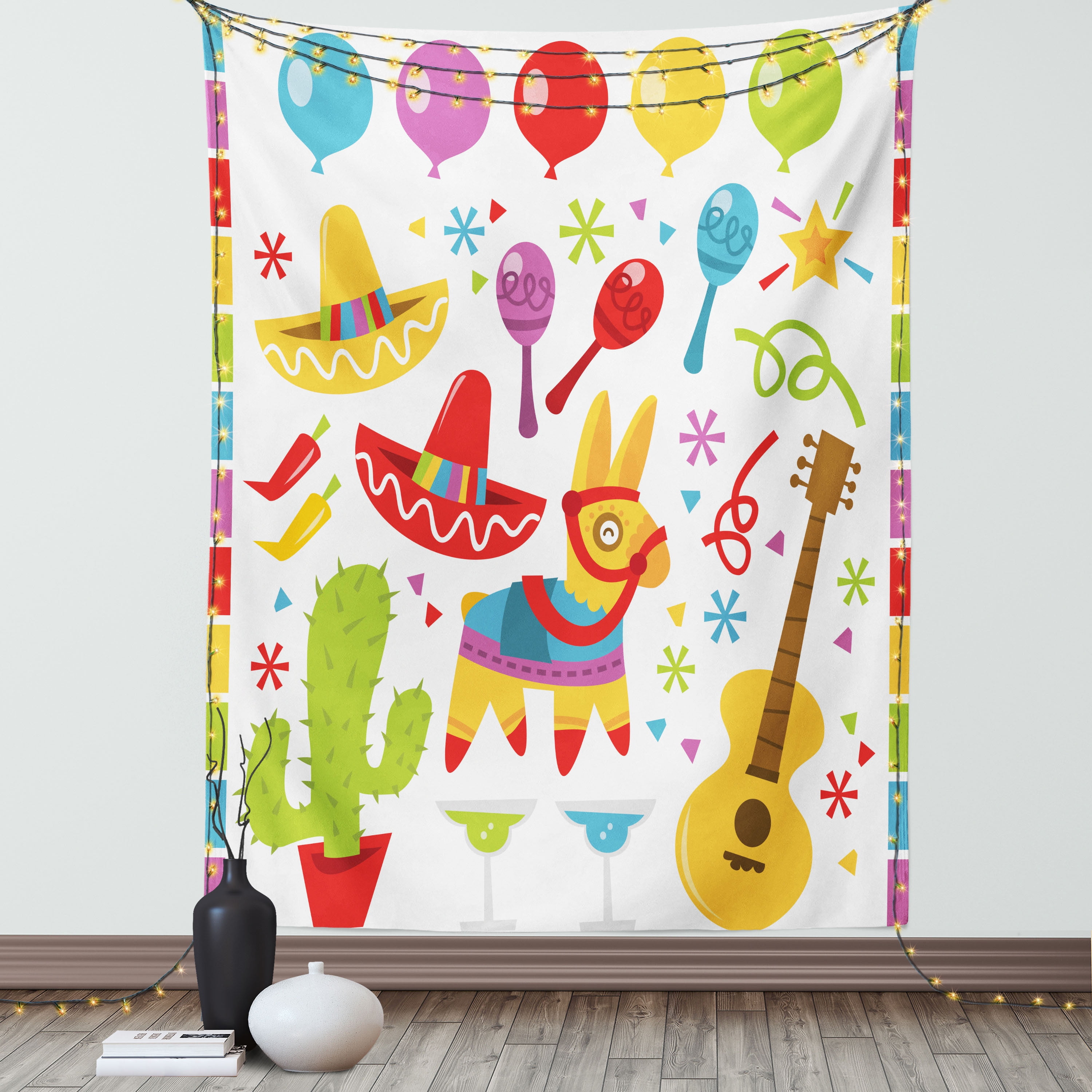 Fiesta Tapestry, Mexican Party Pattern Cactus Sombrero Musical Items and a Pinata Ethnic ...