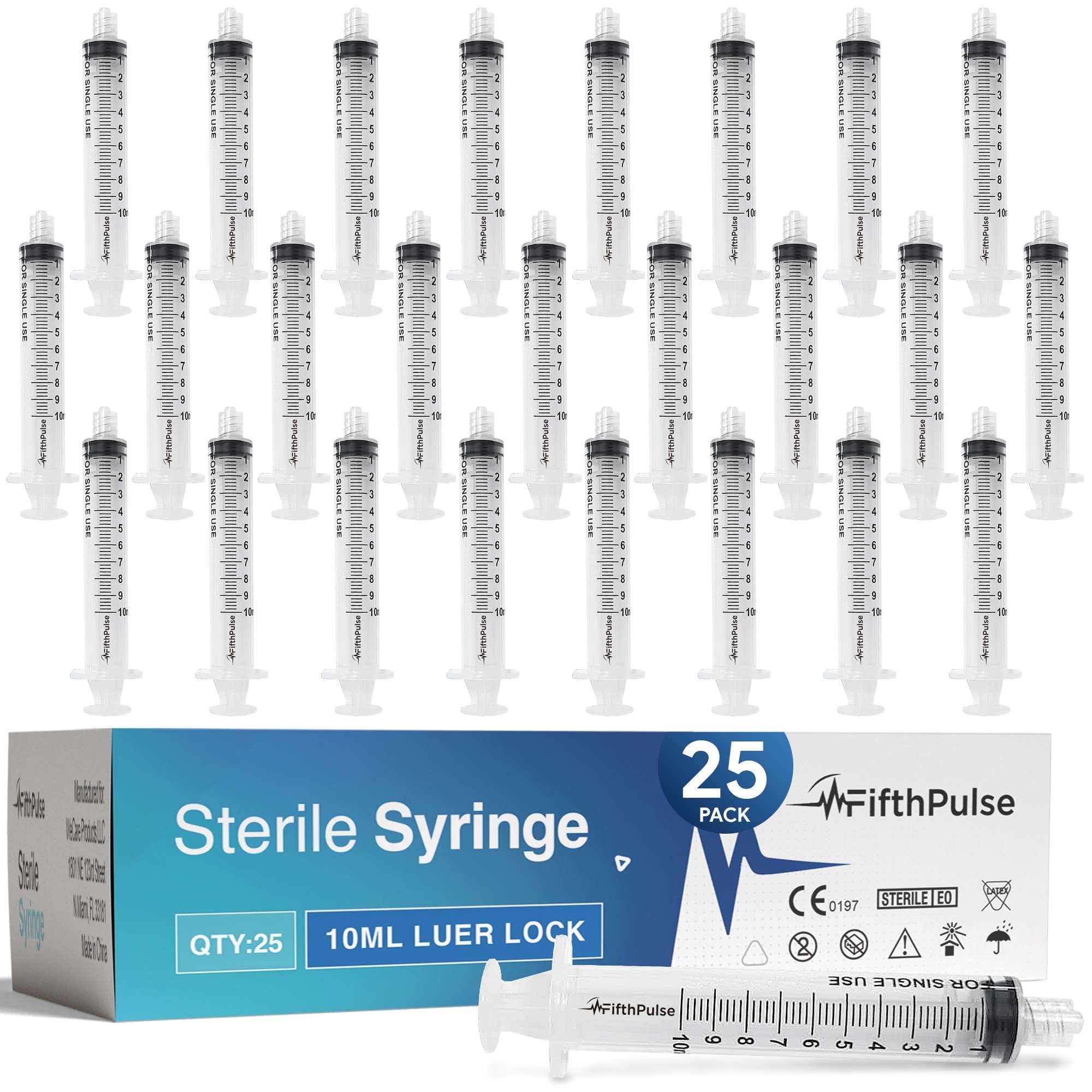 FifthPulse 10 ml Syringe without Needle, 25 Pack Sterile Disposable ...