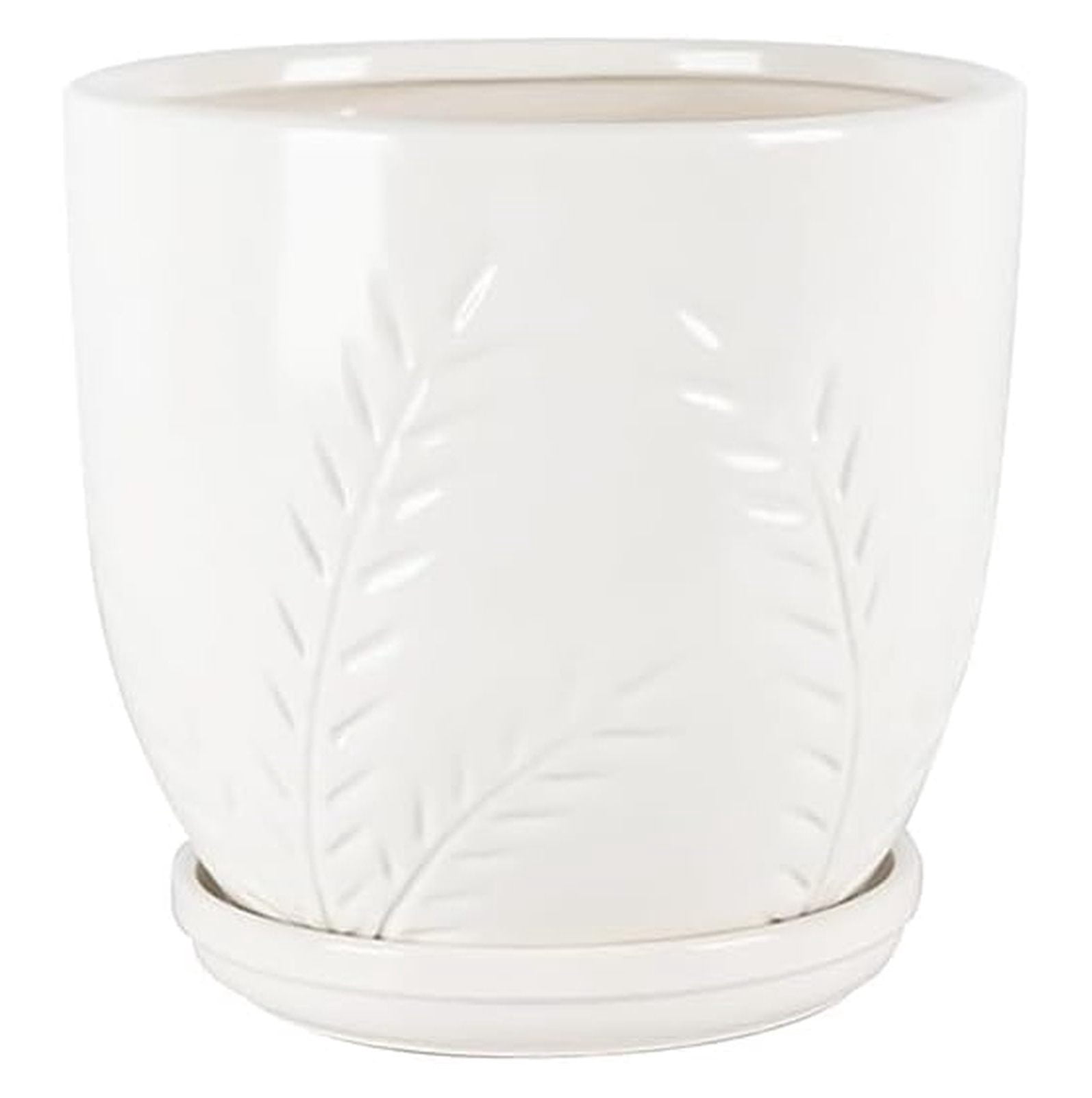 & Fig White 8 Inch Indoor Ceramic Plant Pot with an Attached Saucer and ...