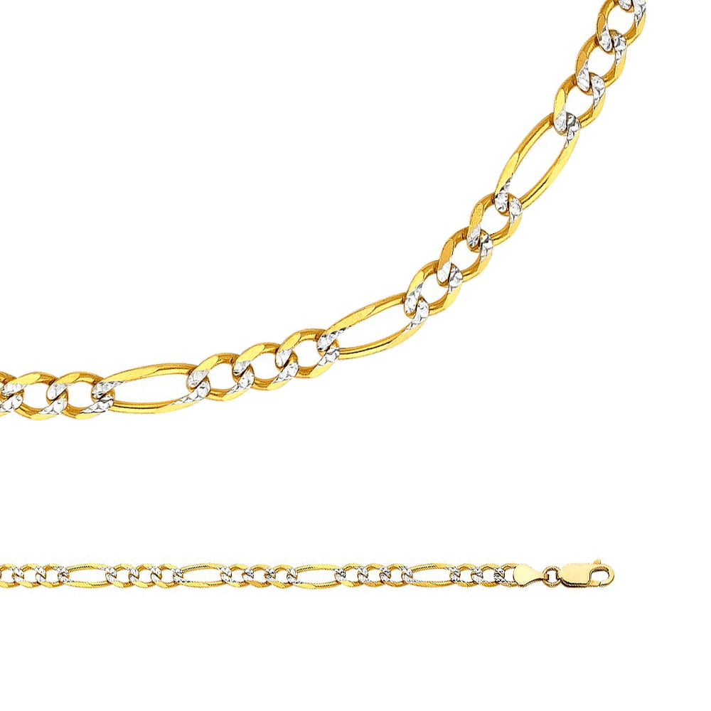 Figaro Chain Solid 14k Yellow & White Gold Necklace Pave Diamond Cut ...