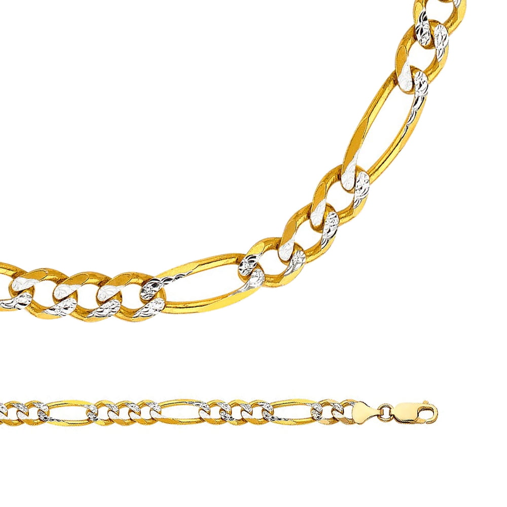 Figaro Pave Chain Solid 14k Yellow White Gold Necklace Diamond Cut Two ...
