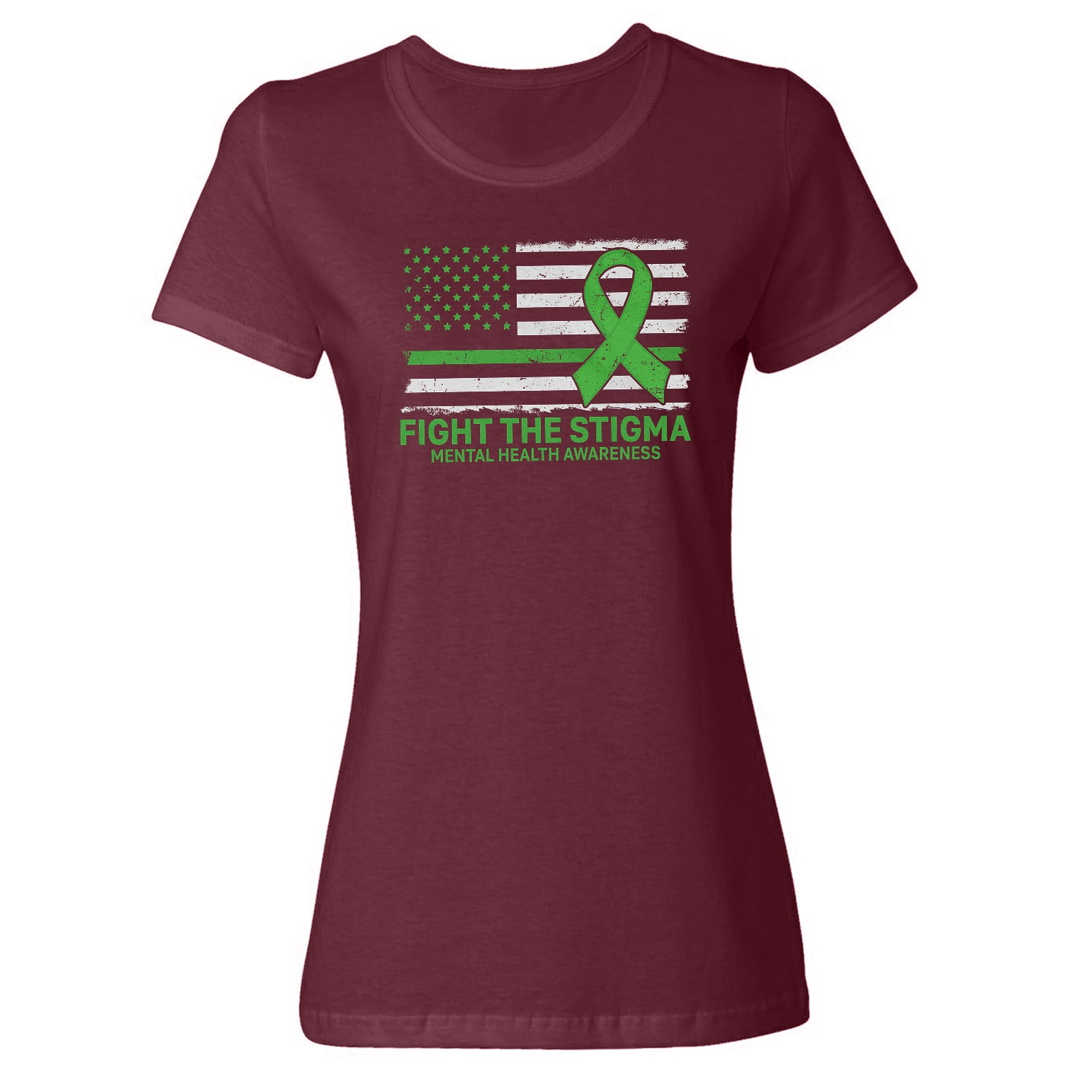 Fight The Stigma Green Ribbon US Flag Mental Health Ladies' Crewneck T ...
