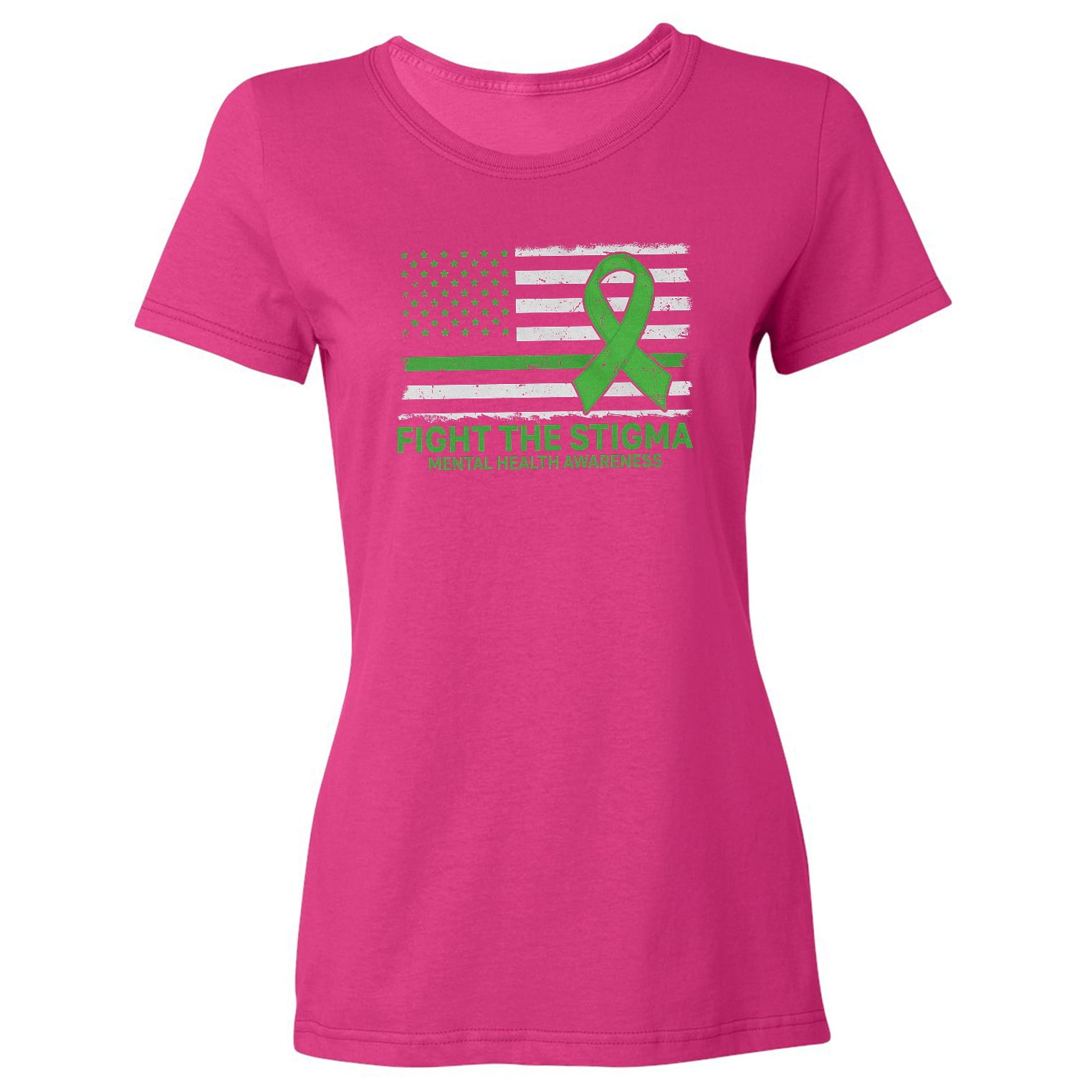 Fight The Stigma Green Ribbon US Flag Mental Health Ladies' Crewneck T-Shirt (Pink, Large ...