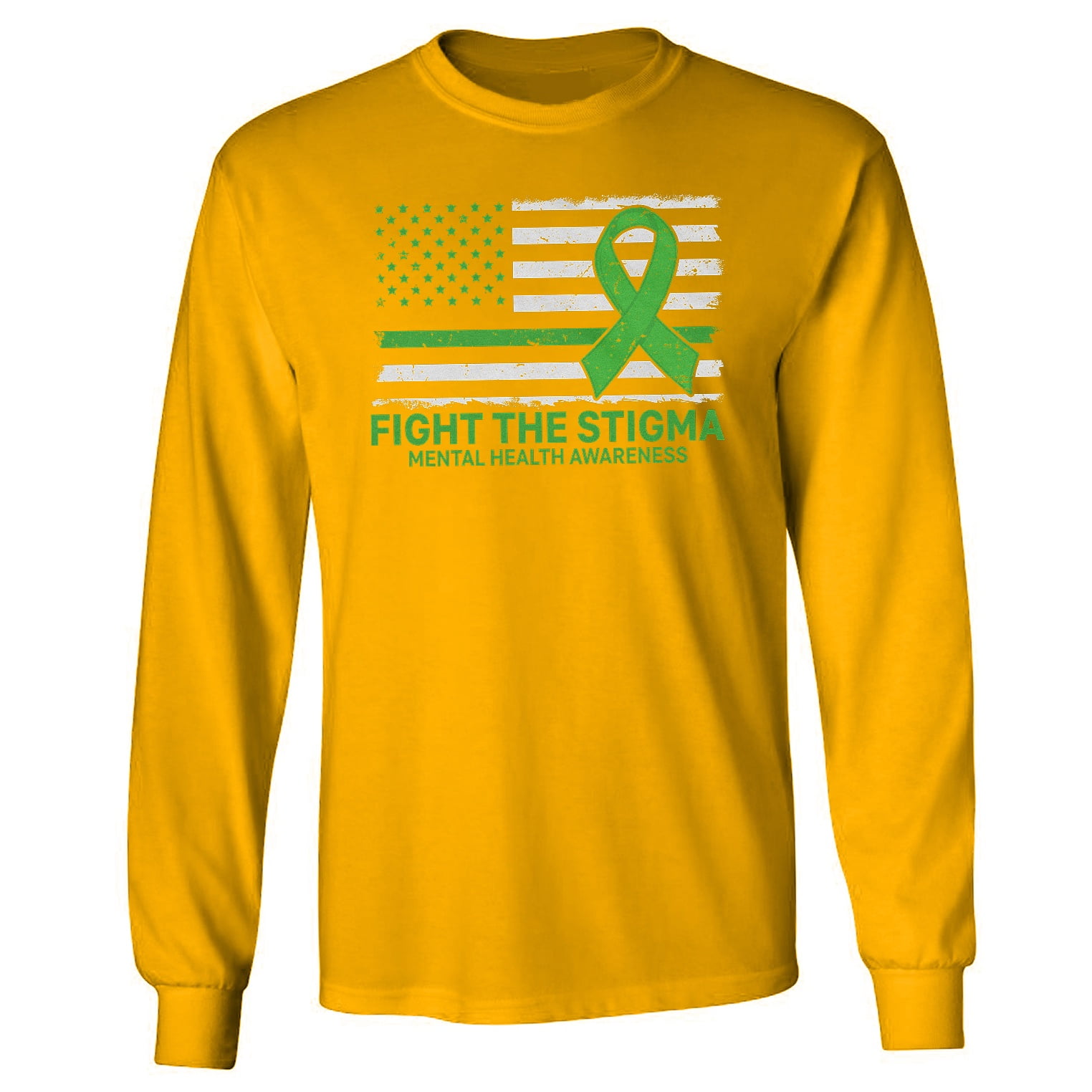 Fight The Stigma Green Ribbon US Flag Mental Health Long Sleeve T-Shirt ...