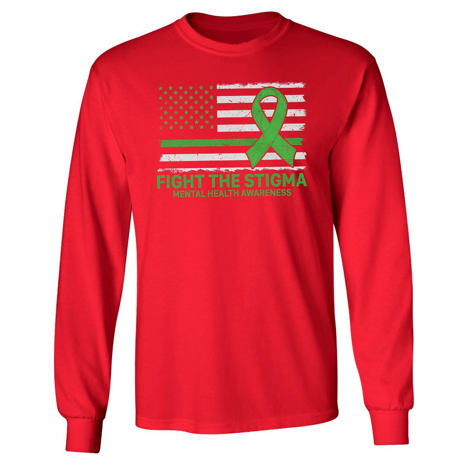 Fight The Stigma Green Ribbon US Flag Mental Health Long Sleeve T-Shirt ...