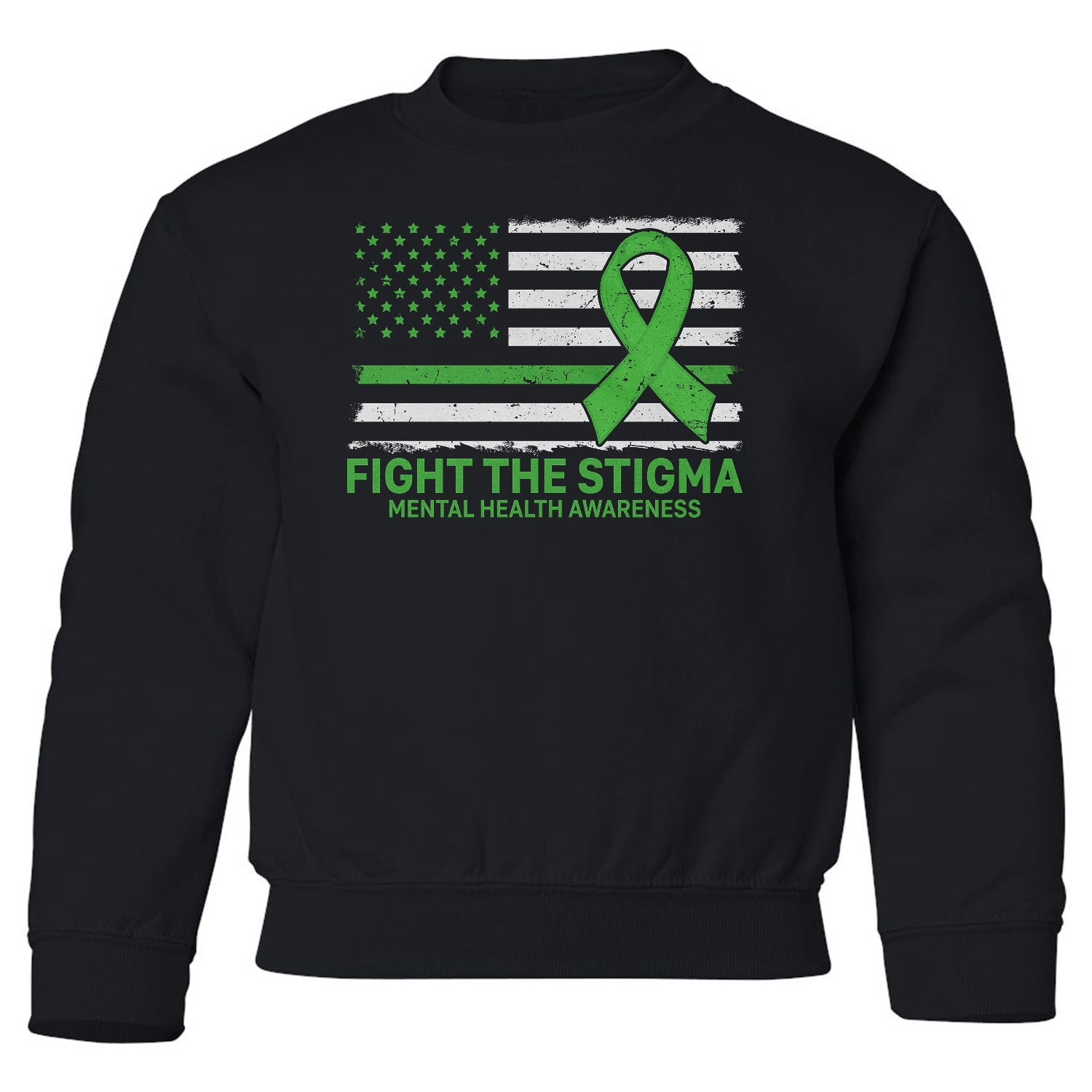 Fight The Stigma Green Ribbon US Flag Mental Health Youth Crewneck ...