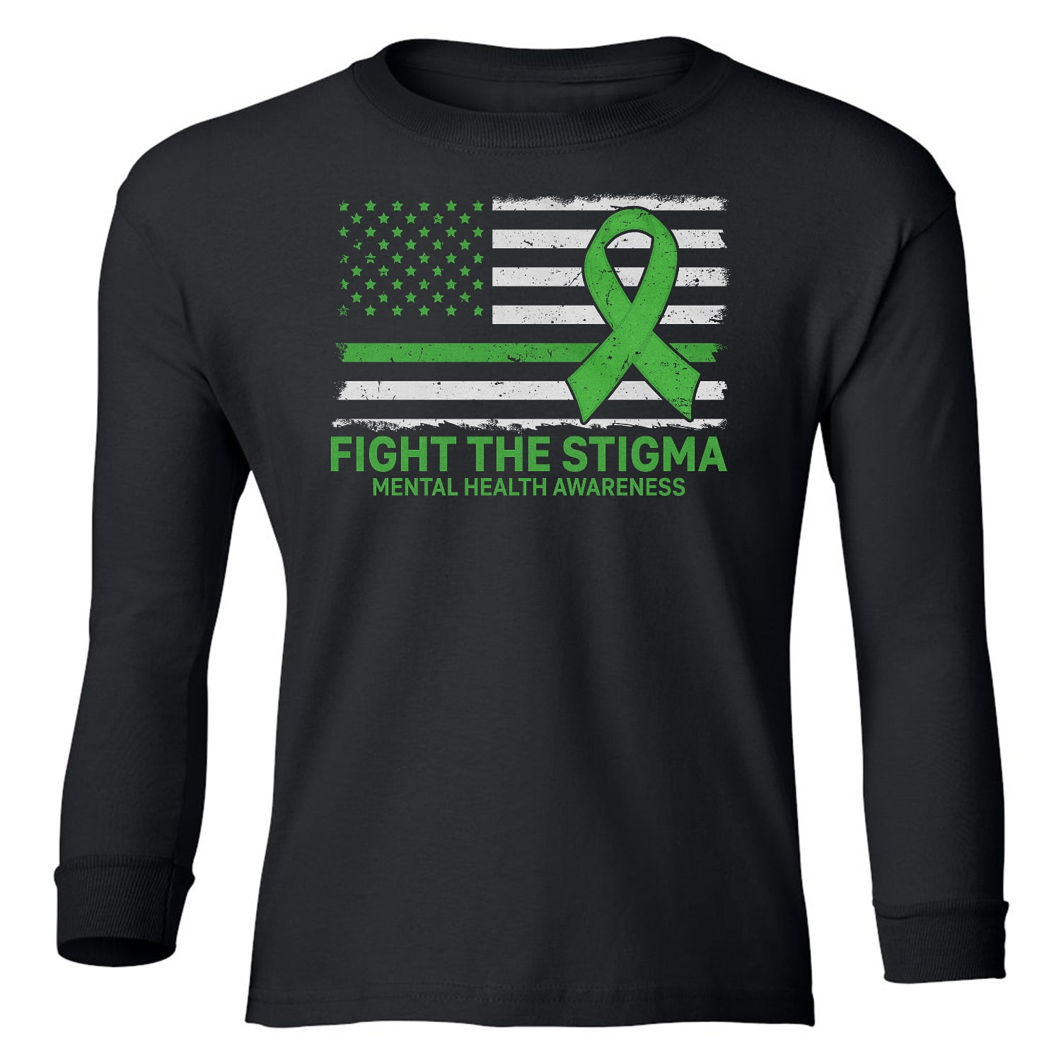 Fight The Stigma Green Ribbon US Flag Mental Health Youth Long Sleeve T-Shirt (Black, Youth X ...