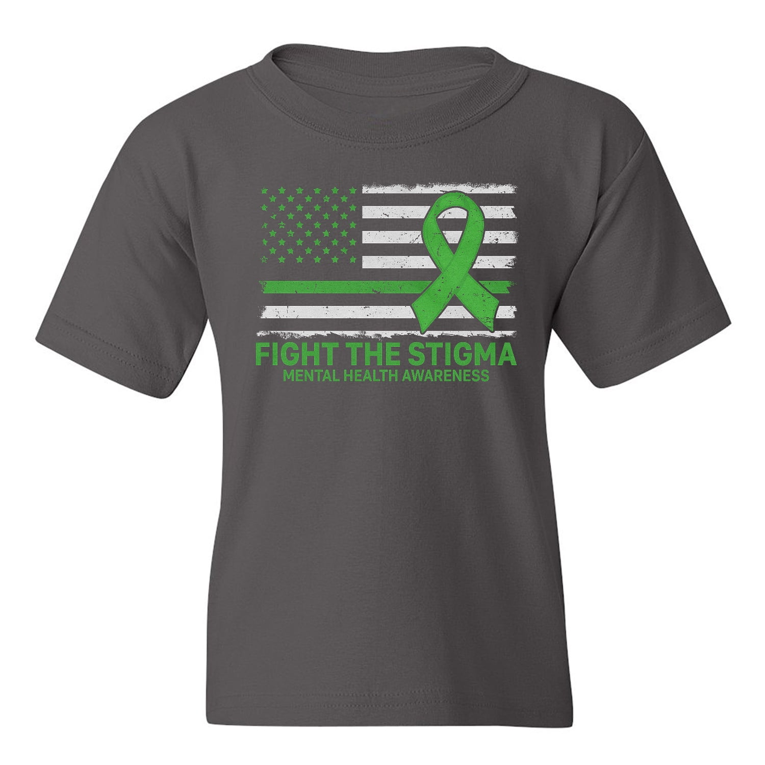 Fight The Stigma Green Ribbon US Flag Mental Health Youth Unisex T-shirt (Gray, Youth Small ...