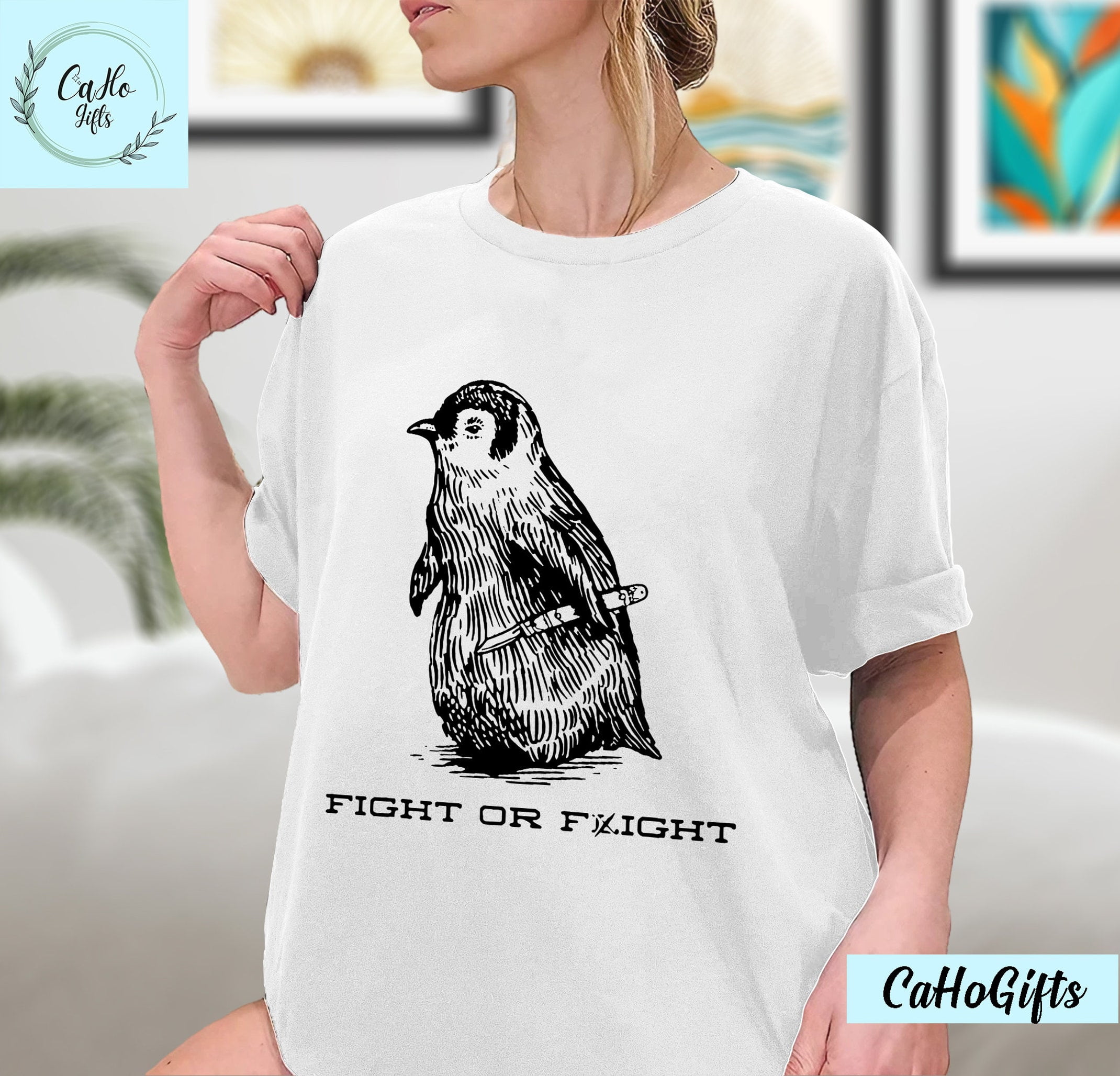 Fight or Flight Funny Penguin Pun Meme T-Shirt,Dark Heather Color,Size ...