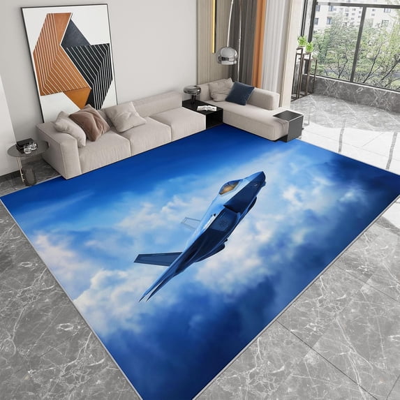 Fighter Jet Area Rugs, Sky Fighter Jet White Clouds Carpet, Washable ...