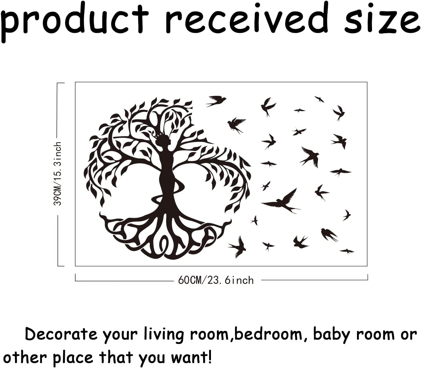 Figure Tree of Life Wall Decals Flying Bird Theme Wall Decor for Black ...