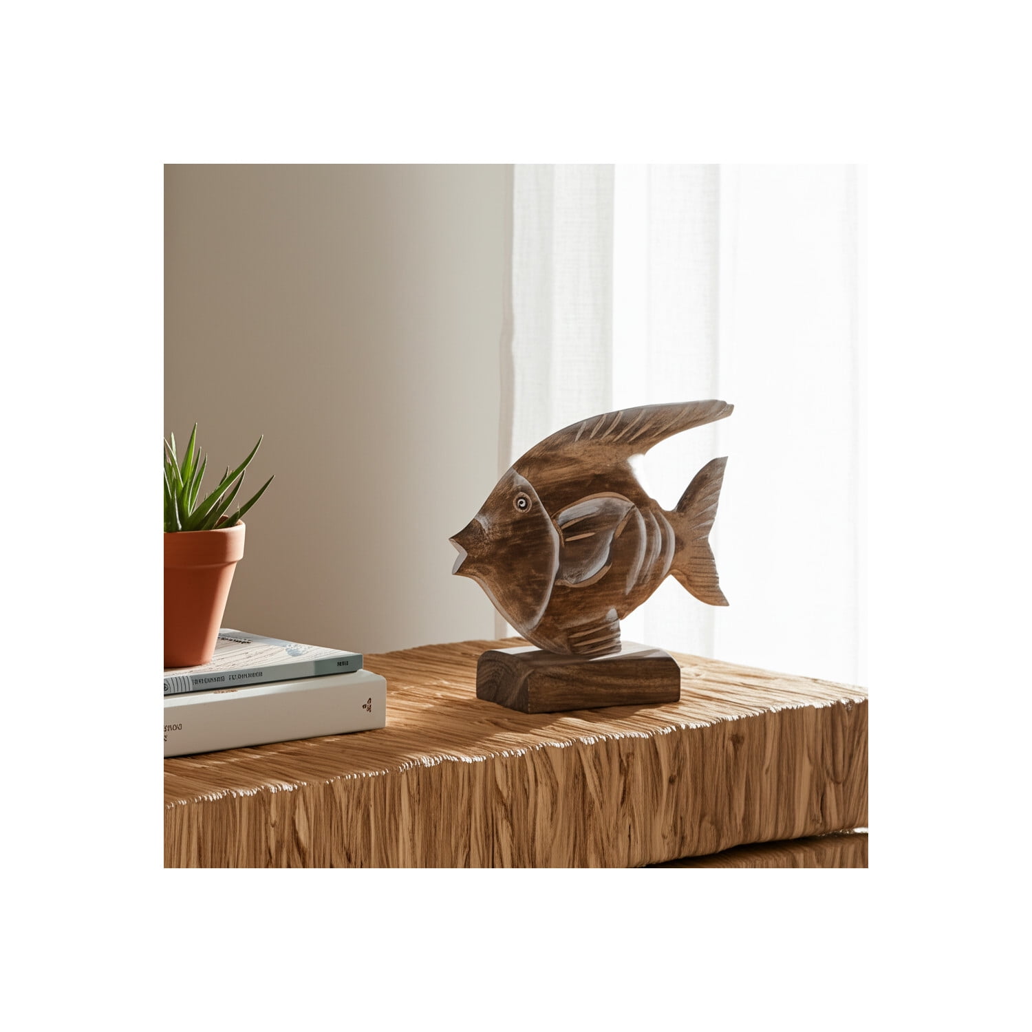 Figurine Albasia Wood Fish-Shaped Coastal Decor Accent for Home Office ...