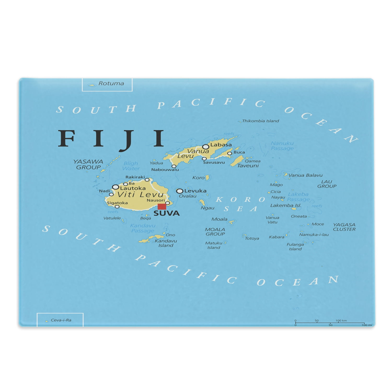Fiji Cutting Board, Political Map with Capital Suva and Main Cities ...
