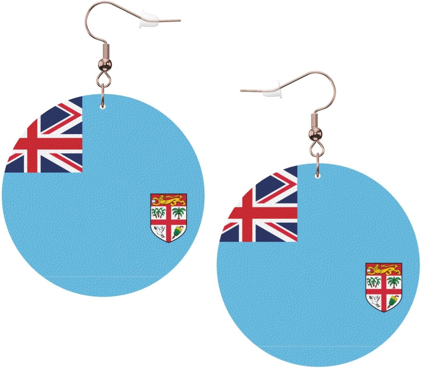 Fiji FlagWhite Women's Round Leather Earrings, 925 Silver Plated Hook ...
