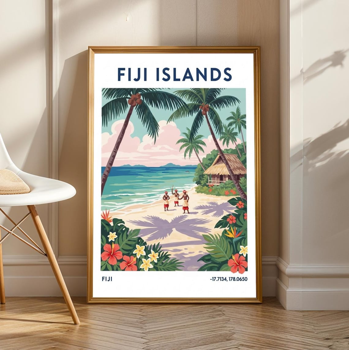 Fiji Islands Vintage Travel Poster: Tropical Beach Gouache Art ...