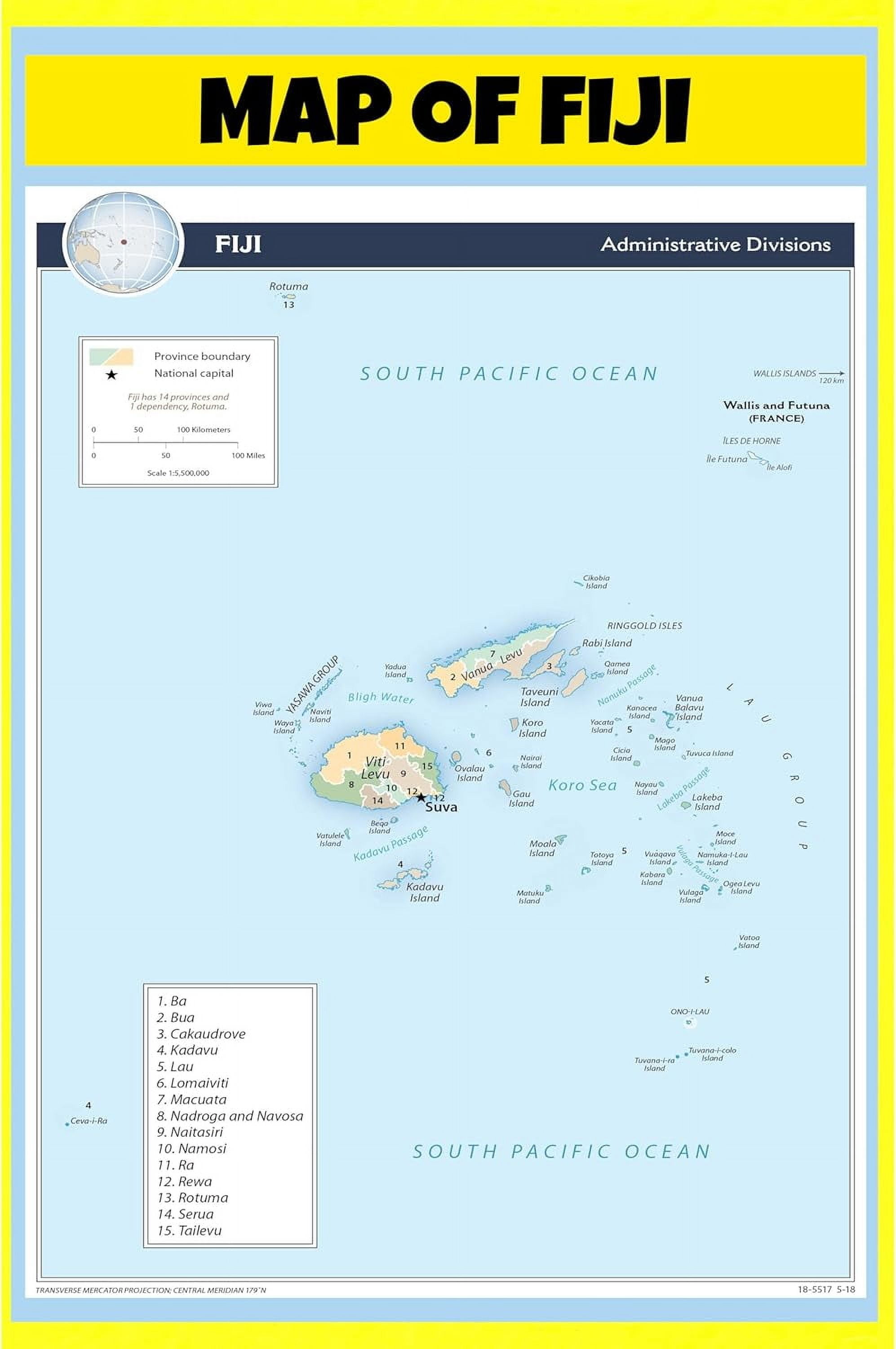 Fiji Map Poster - Laminated Wall Map - 36x60 - Ideal for Classrooms and ...