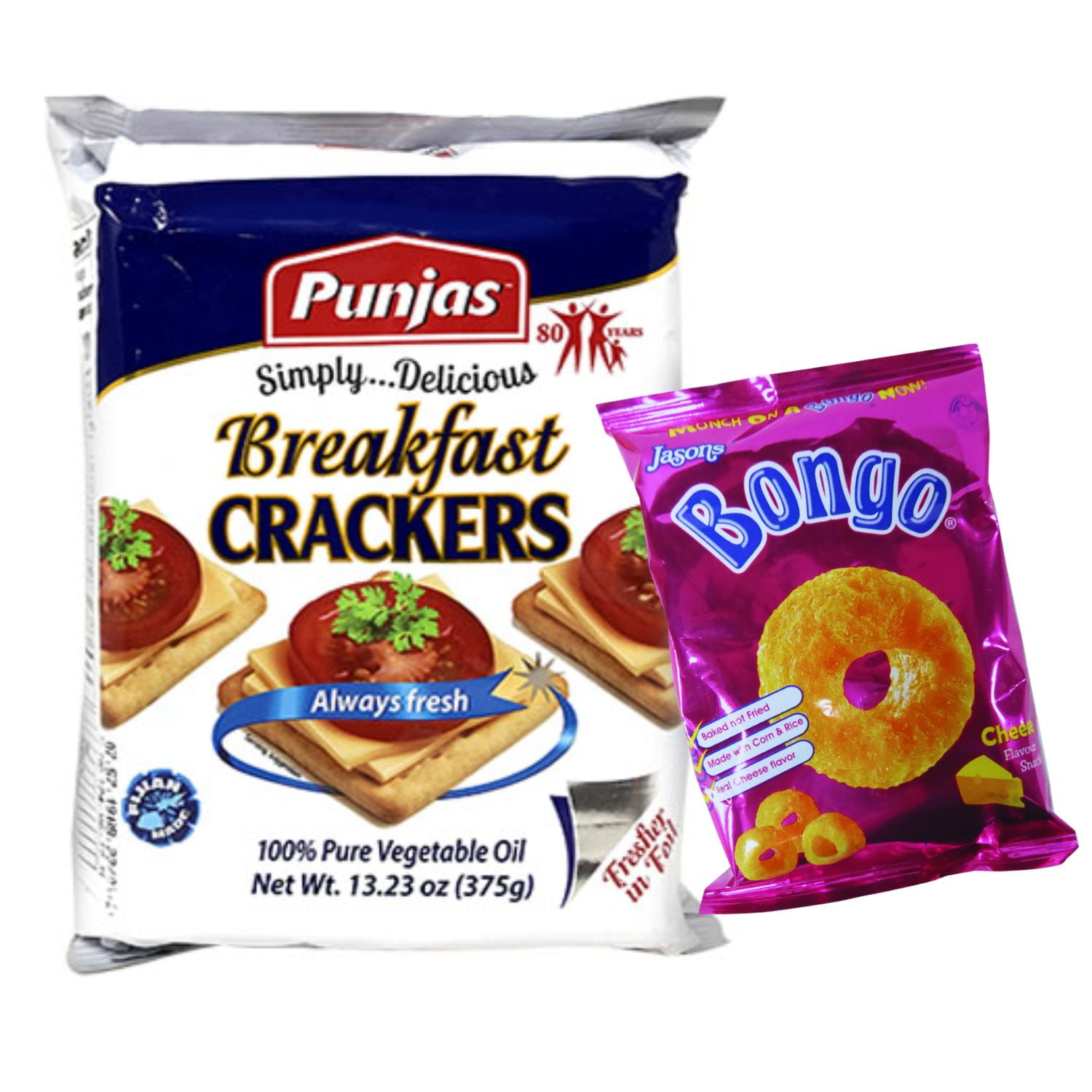 Fiji Snack Duo: Punjas Breakfast Crackers 375g & Jasons Bongo Cheese 28g Puffed Snack Combo ...