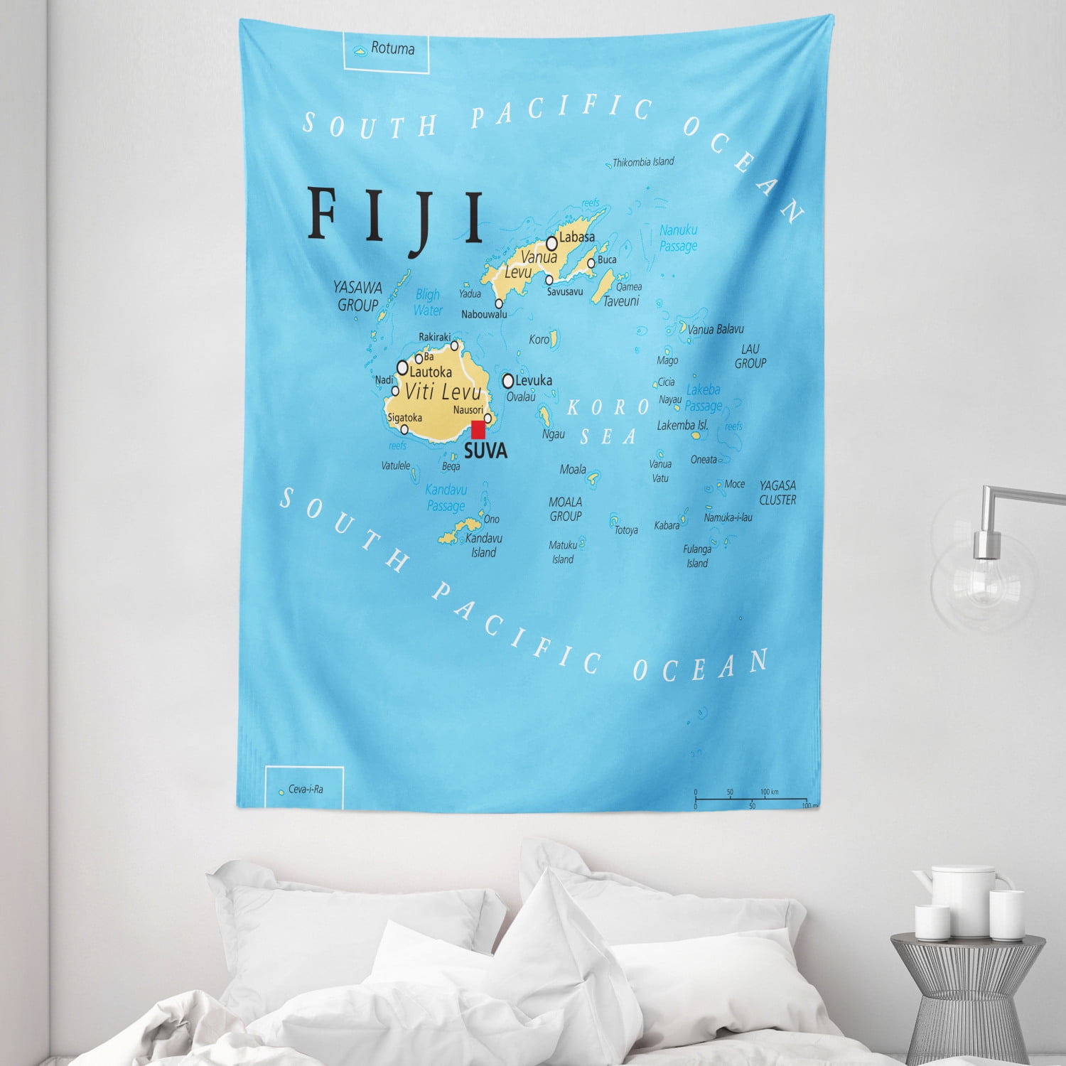 Fiji Tapestry, Political Map with Capital Suva and Main Cities, Wall ...